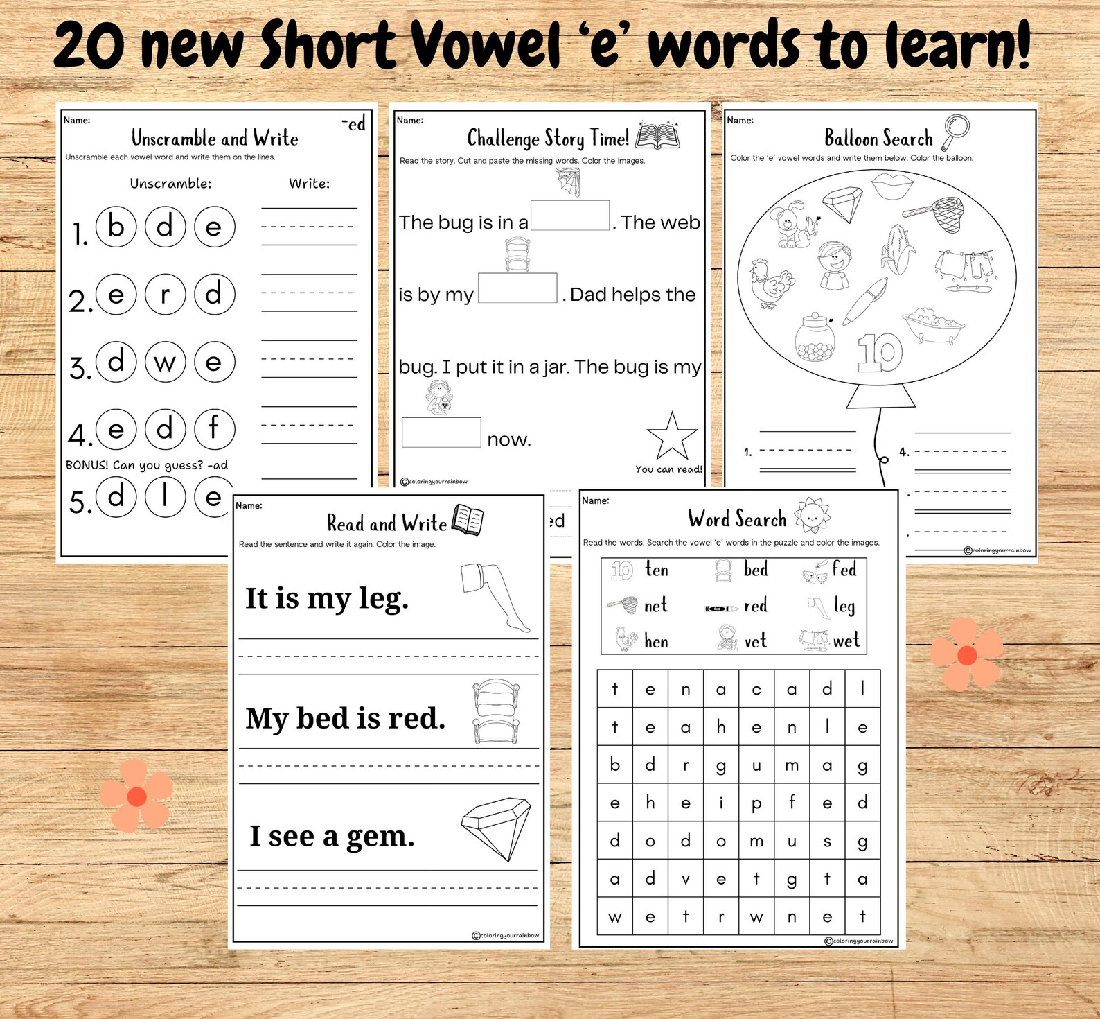 Short 'e' CVC Words L Vowel Family Activity Worksheetsl Phonics for ...