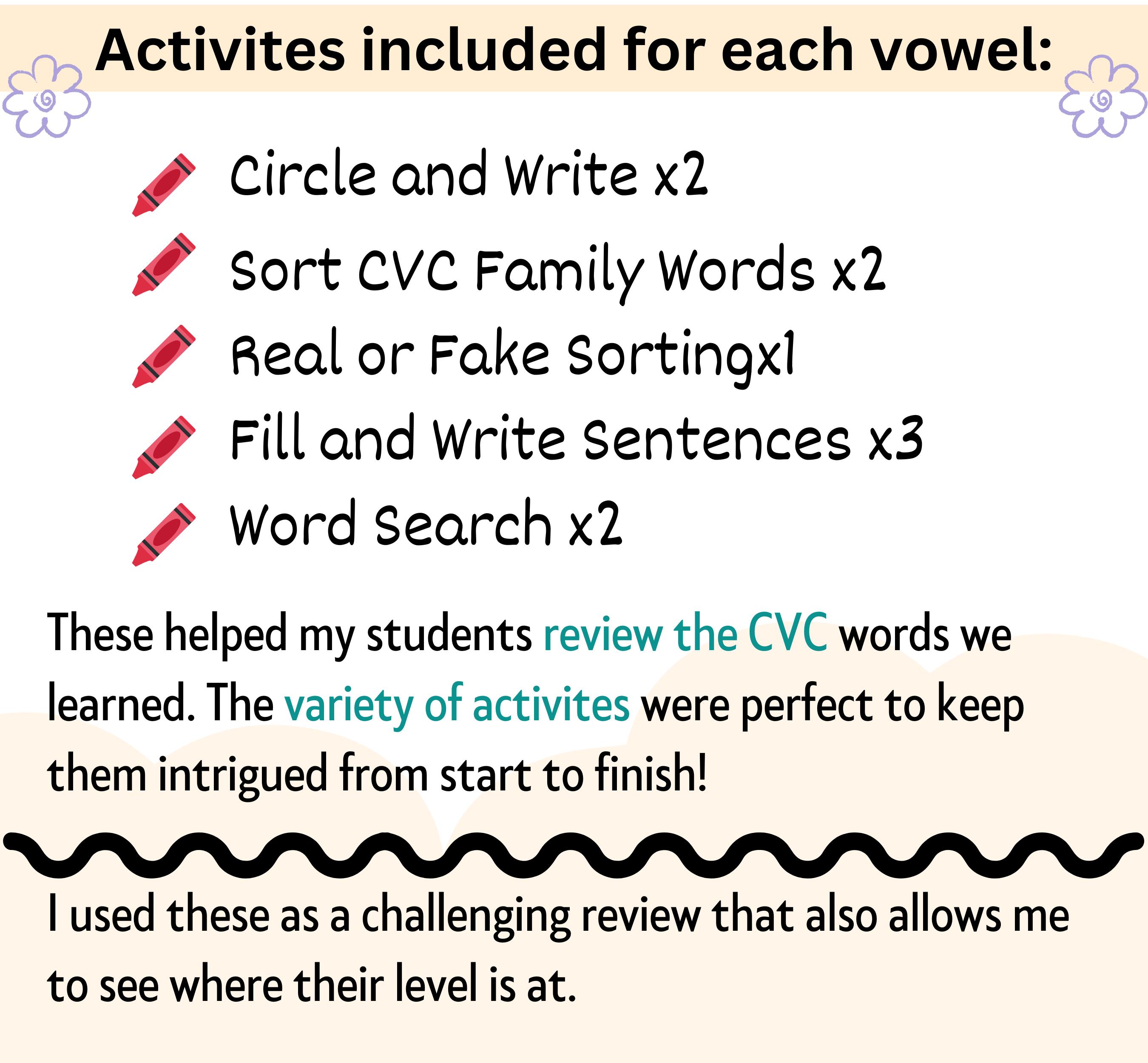 Short Vowel Worksheets for Kids | CVC Words Review Printable L Vowel ...