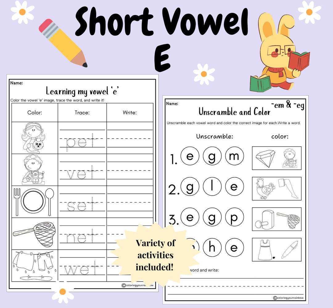 Short 'e' CVC Words L Vowel Family Activity Worksheetsl Phonics for ...