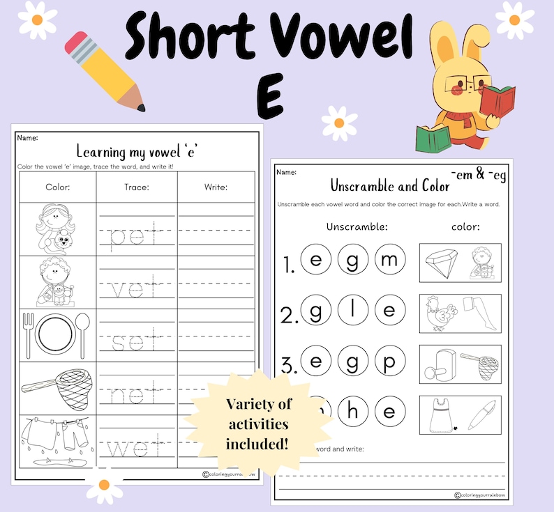 Short 'e' CVC Words L Vowel Family Activity Worksheetsl Phonics for ...