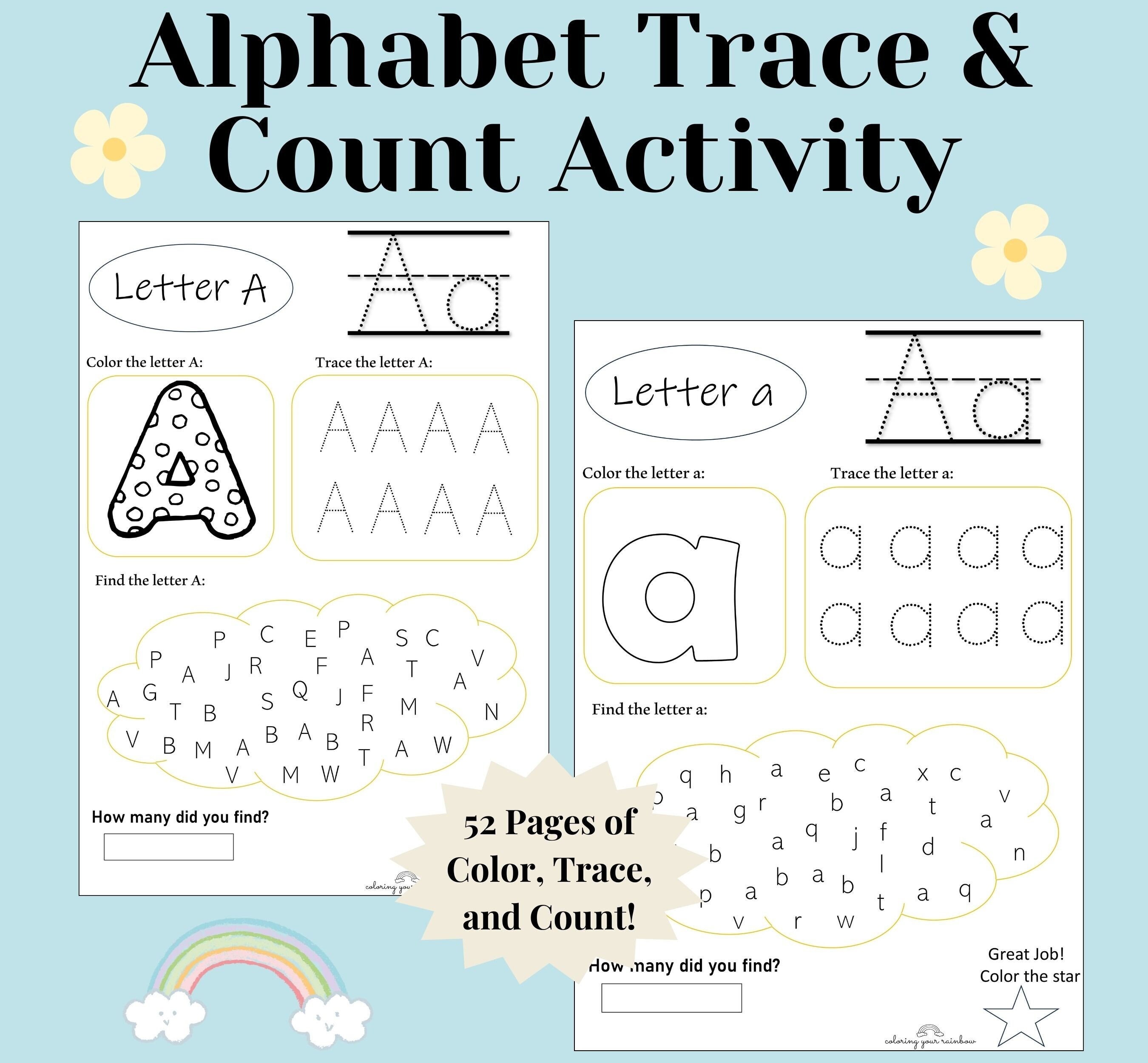 Alphabet Trace and Count Letter Recognition Activity Worksheet L ...
