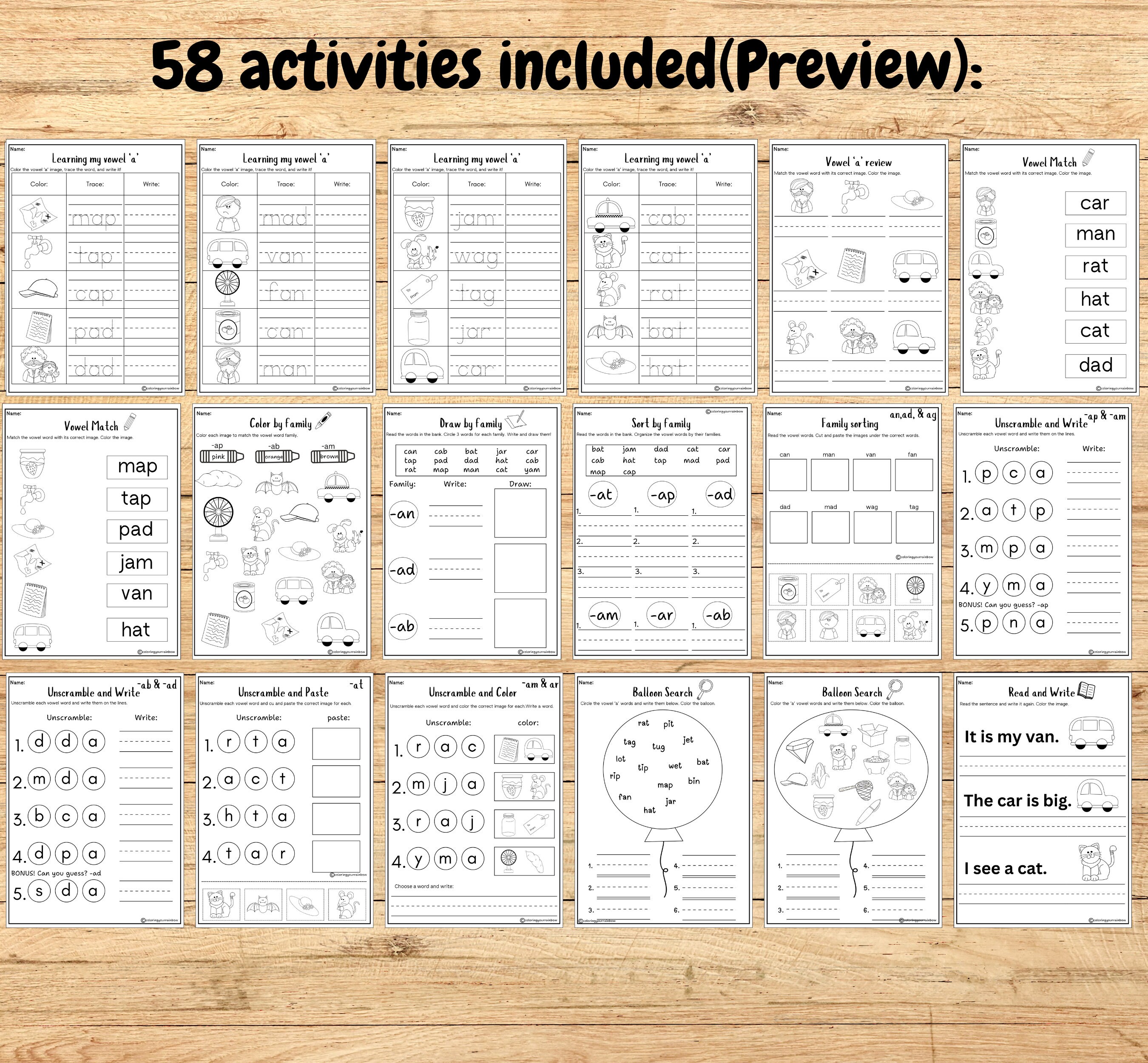 Short 'a' CVC Words Printable Vowel Worksheets for Kindergarten and ...