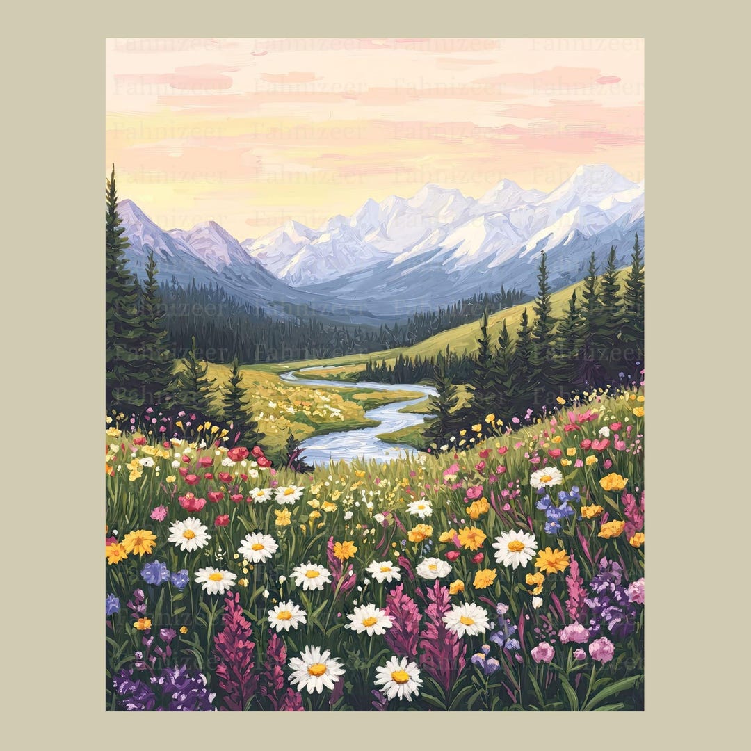 3 Images Set Mountain Meadow Wall Art Wild Flower Cottagecore Sunrise ...