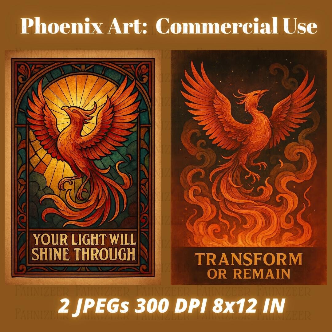 Phoenix Wall Art Print Set: Retro Fantasy Fire Bird (commercial Use ...