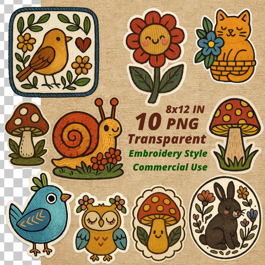 Embroidery Clipart Set: Whimsical Cottagecore Animals (300 DPI PNG ...