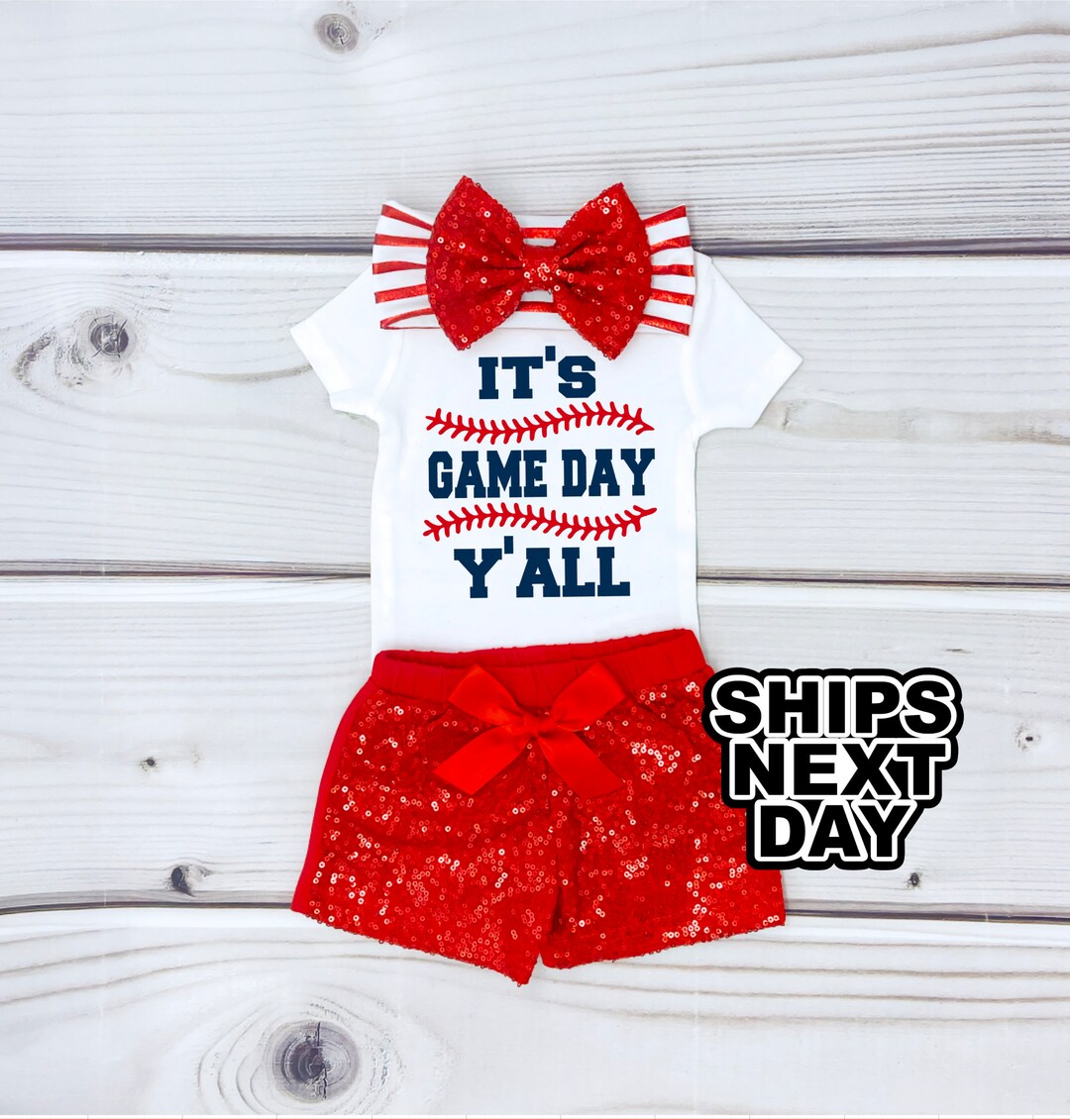 Girl Baseball Outfit, It's Game Day Y'all Bodysuit, Red Sequins Shorts ...
