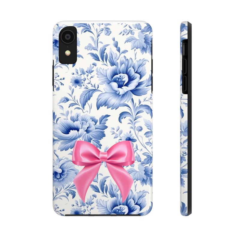 Blue & White Floral Chinoiserie Aesthetic With Pink Bow, iPhone Case ...