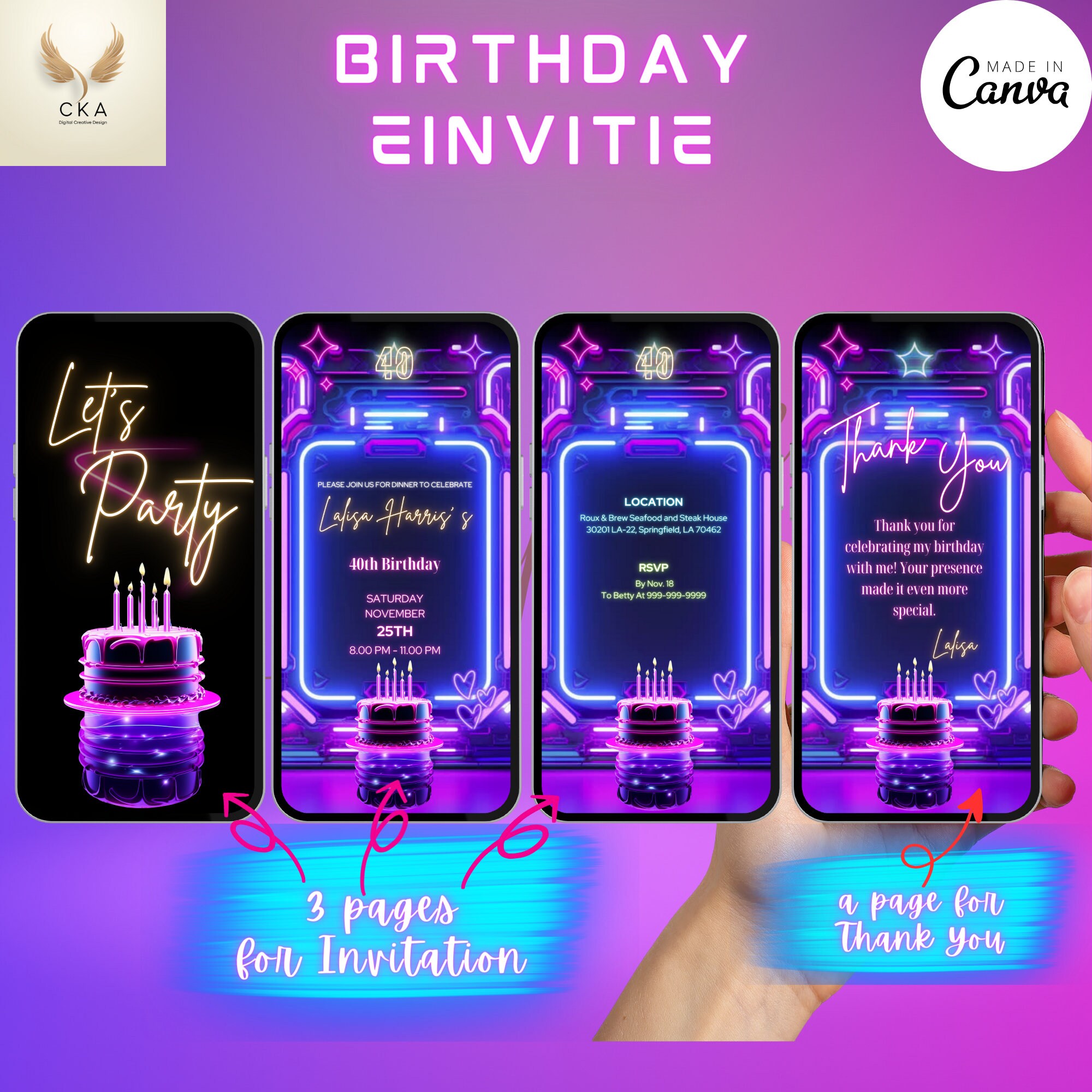 Neon Gold Light Digital Party E-invite Template, Black Neon Gold E ...