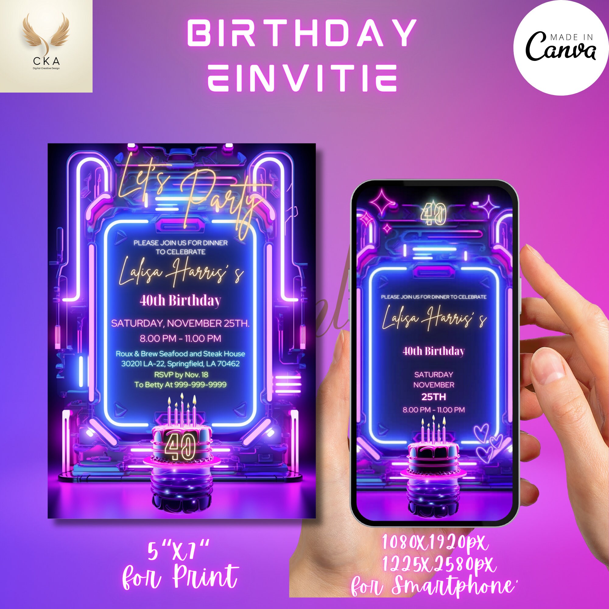 Neon Gold Light Digital Party E-invite Template, Black Neon Gold E ...