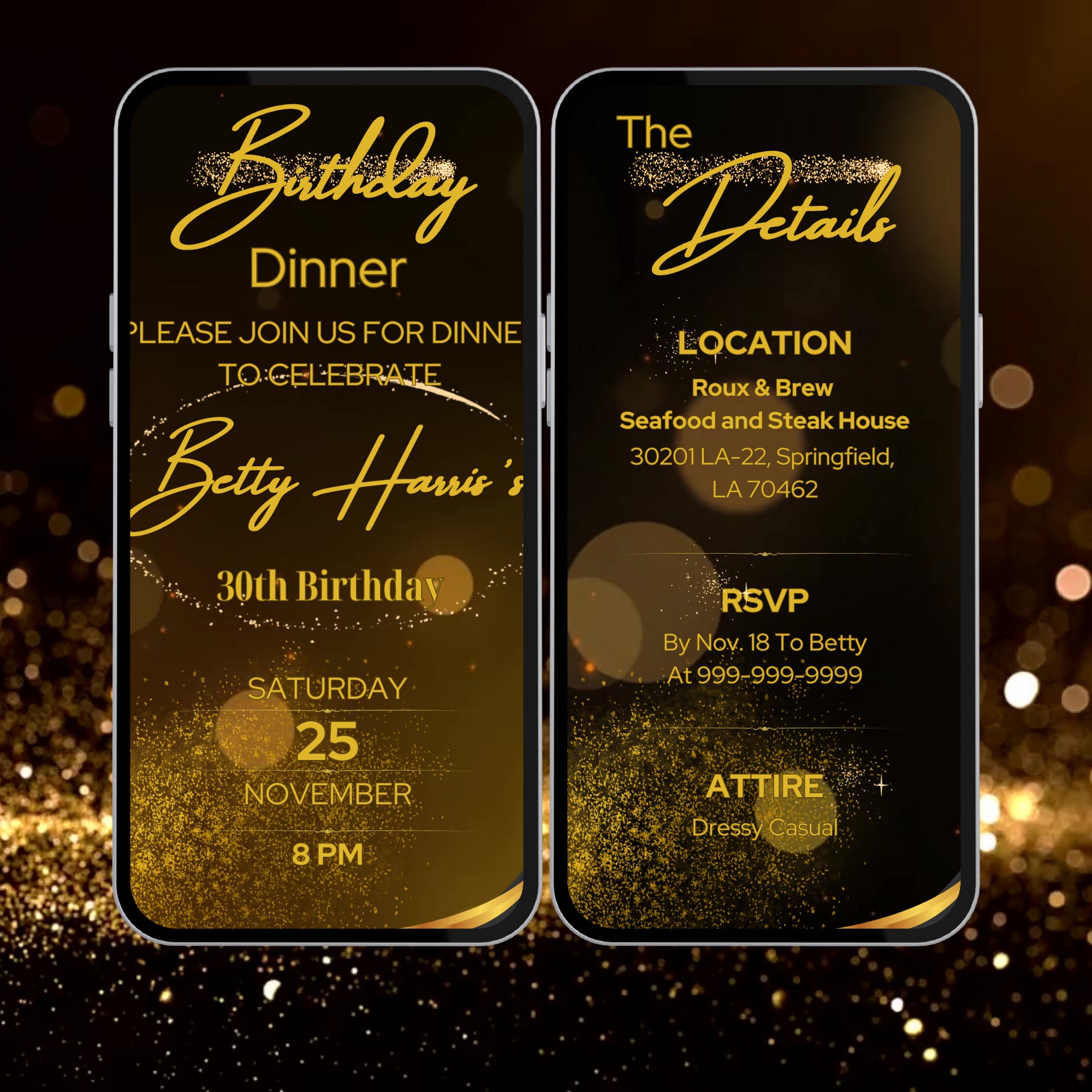 Digital Birthday Dinner Invitation, Night Gold Party Editable Video ...