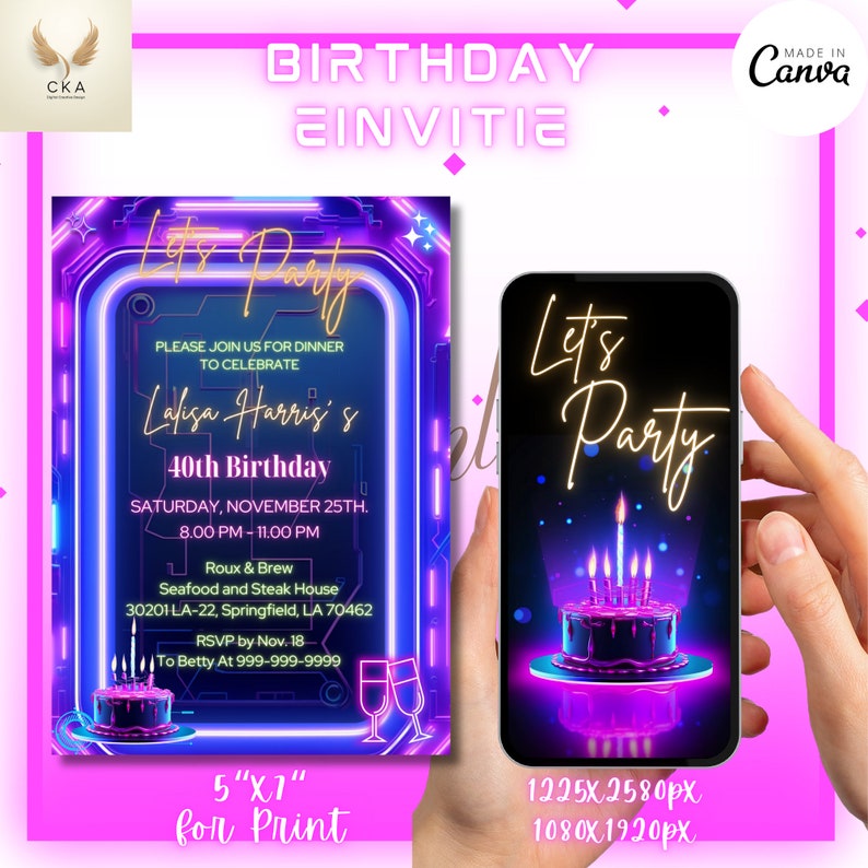 Neon Light Birthday Invitation, Neon Gold Light Digital Party E-invite ...