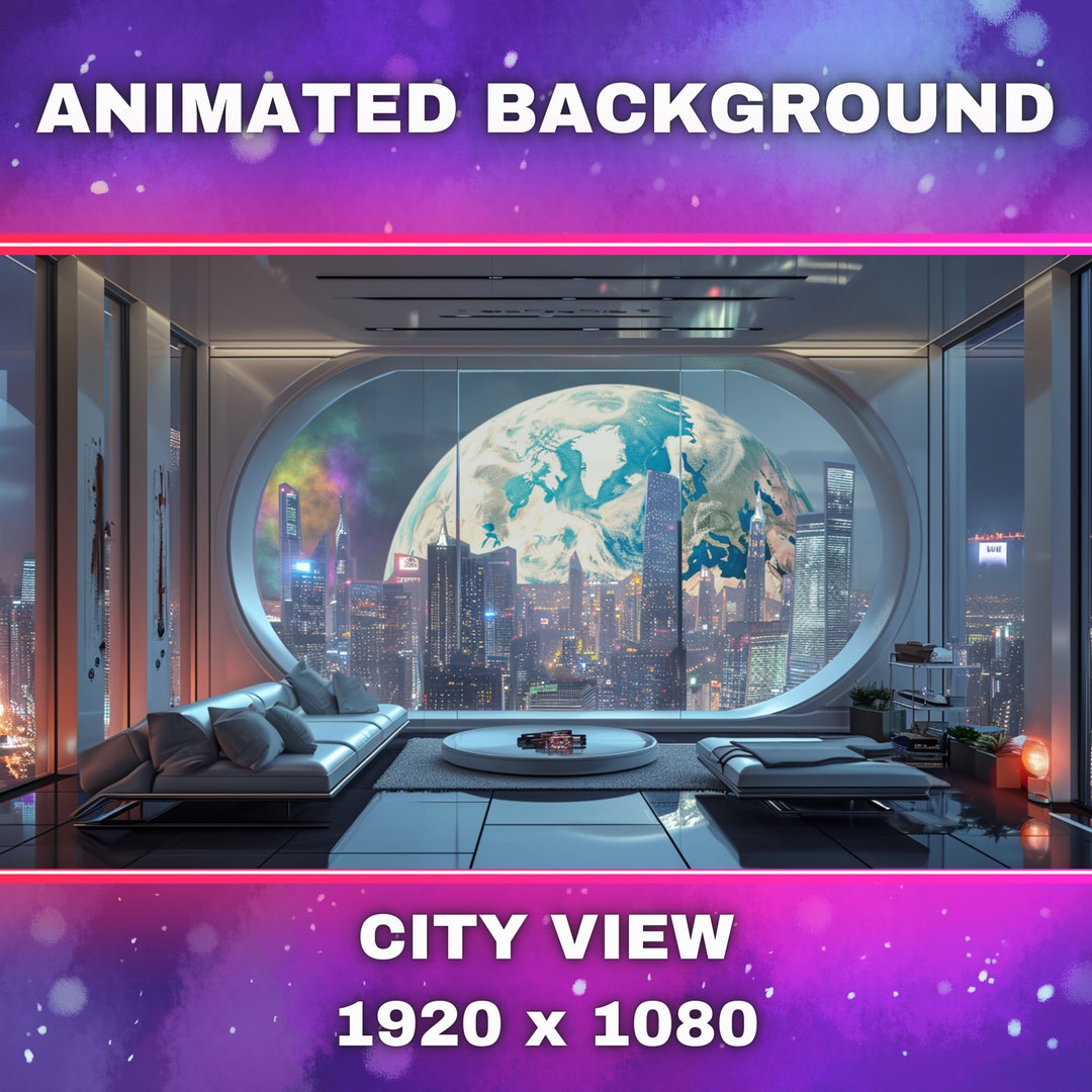 Vtuber Background Animate Background, Living Room City View, Blue ...