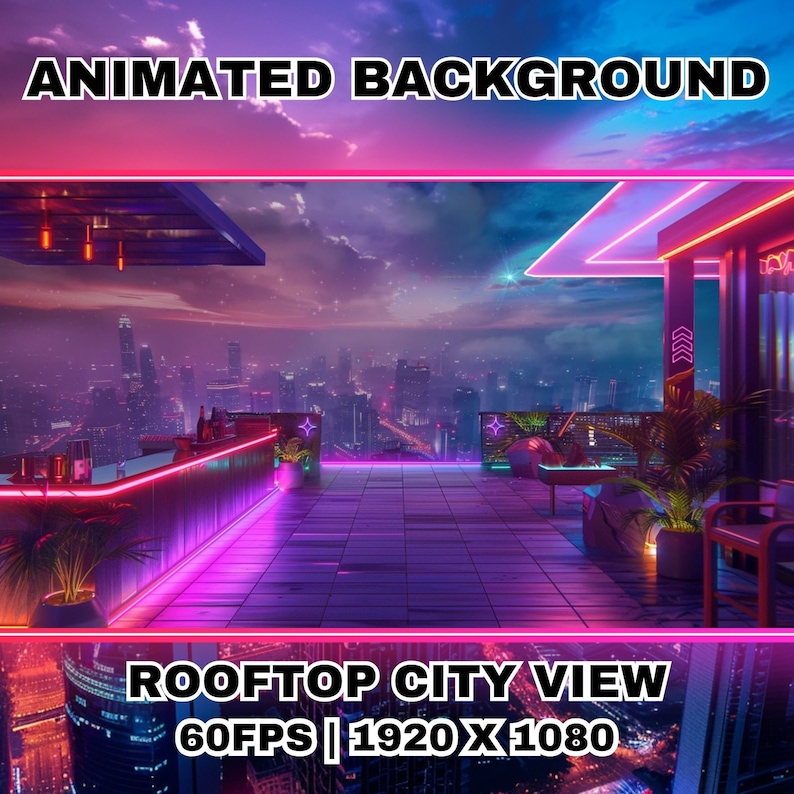 Animated Rooftop Bar Vtuber Background: Neon Disco City View (MP4 ...