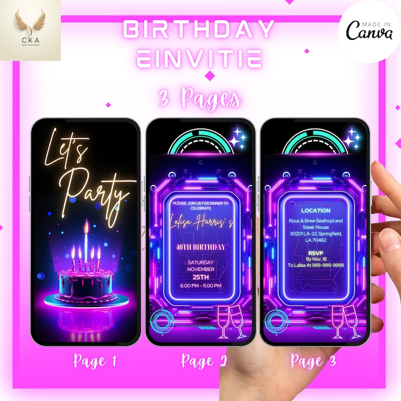 Neon Light Birthday Invitation, Neon Gold Light Digital Party E-invite ...