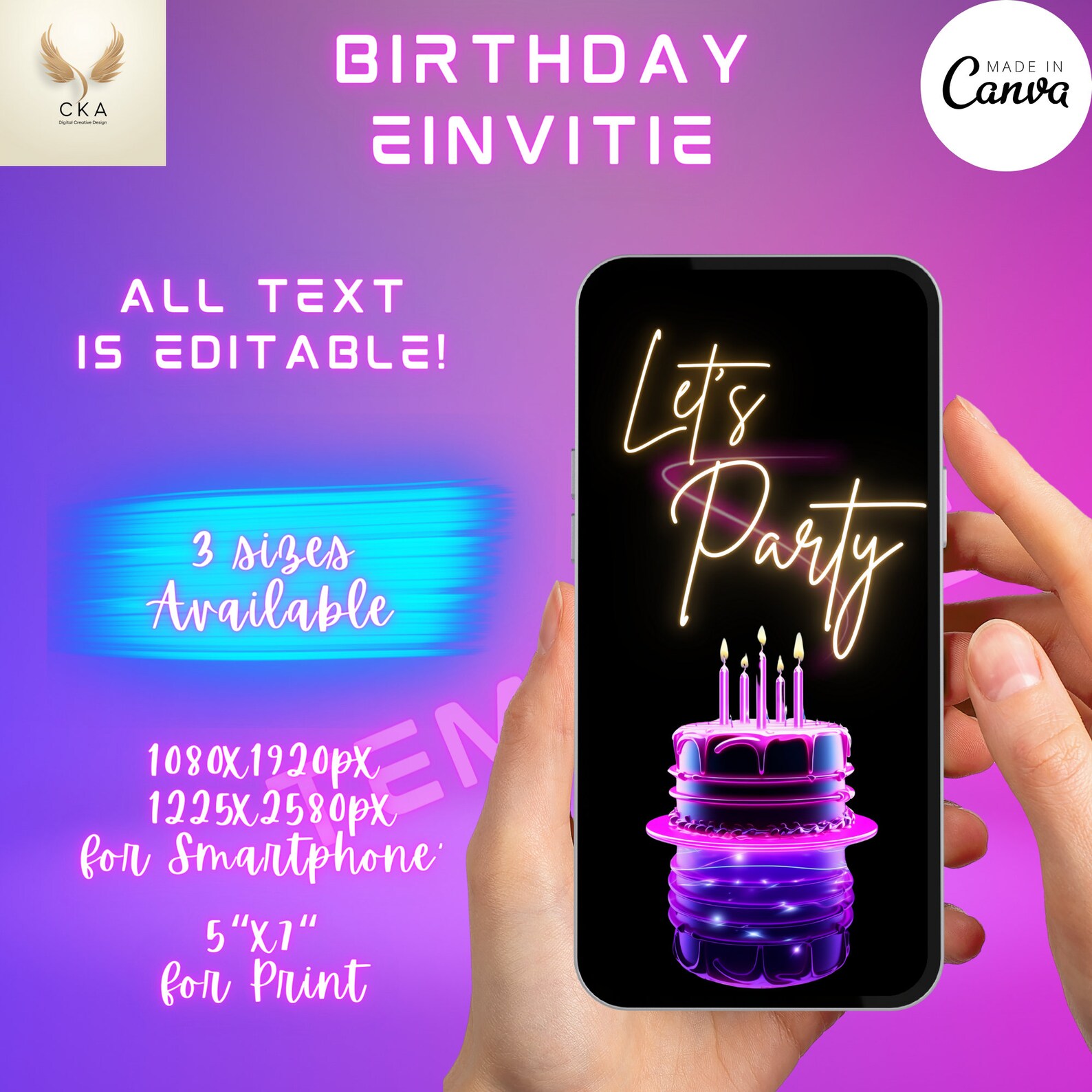 Neon Gold Light Digital Party E-invite Template, Black Neon Gold E ...