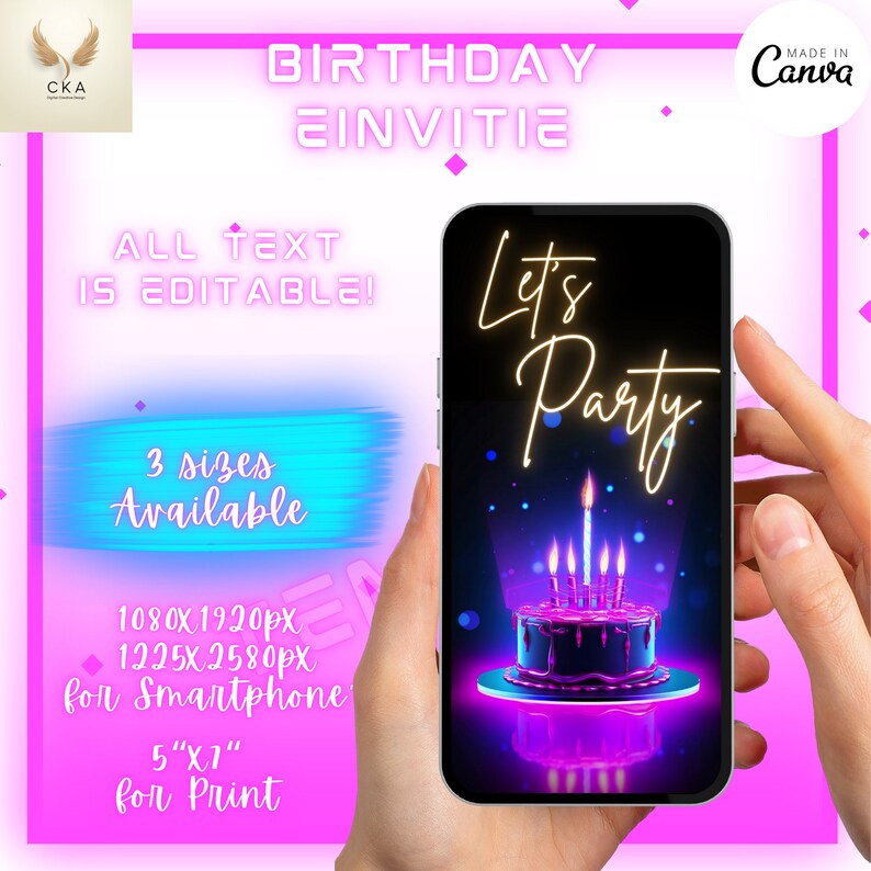 Neon Light Birthday Invitation, Neon Gold Light Digital Party E-invite ...