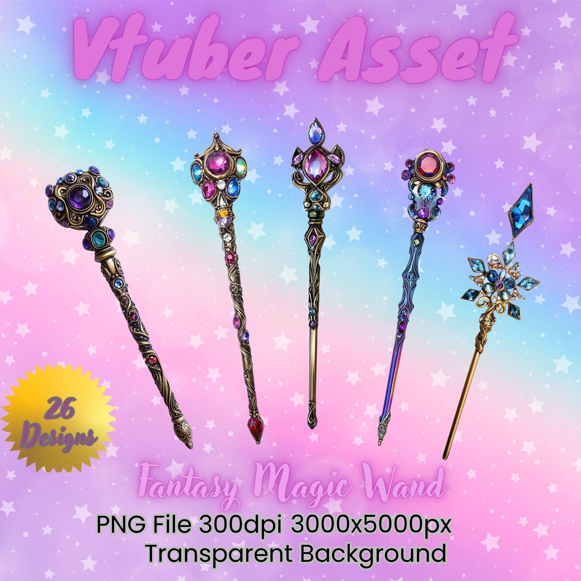 Vtuber Asset, Magical Witch Wand With Gemstones | Fantasy Cosplay Prop ...