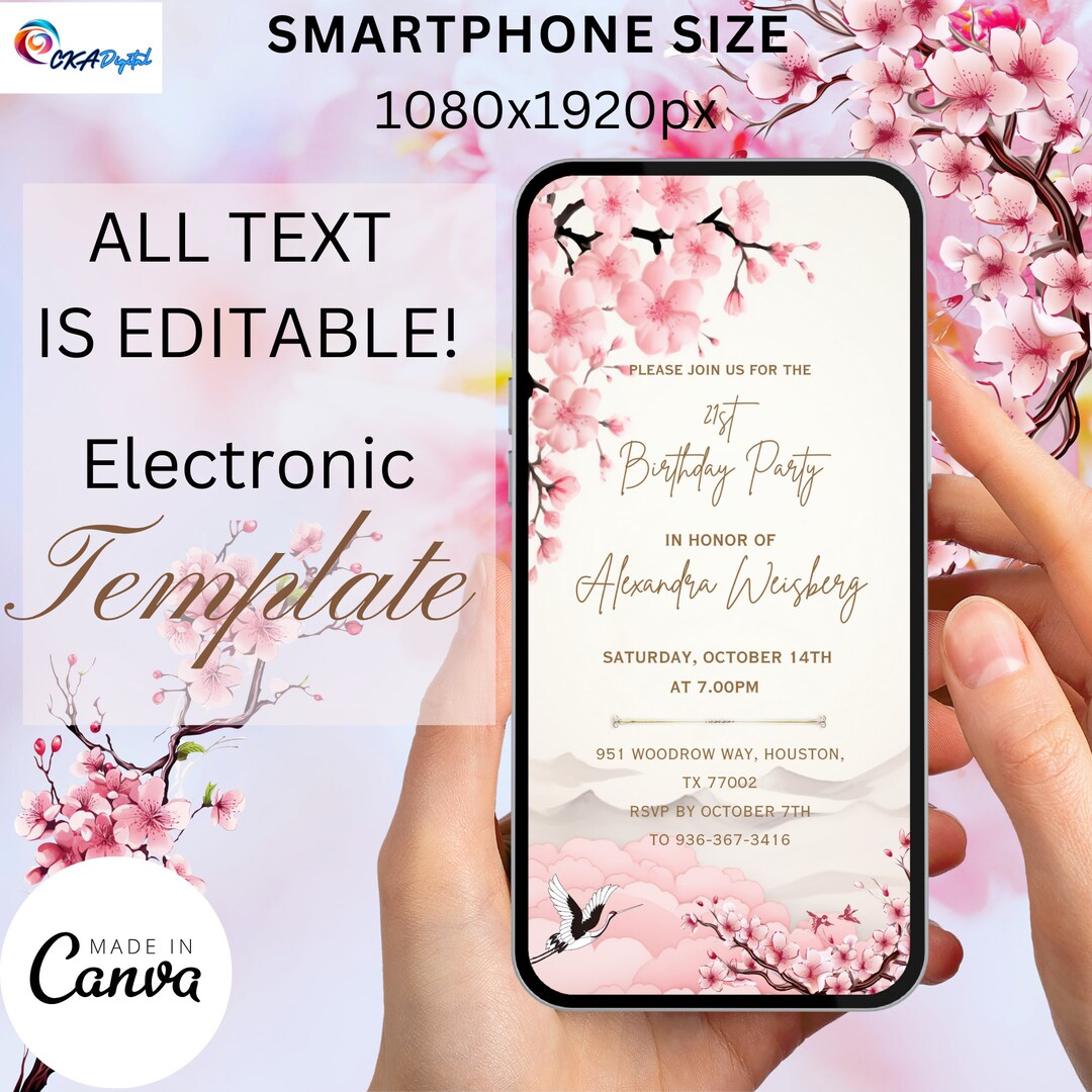 Cherry Blossom Japanese Style Birthday Invitation Template Printable ...