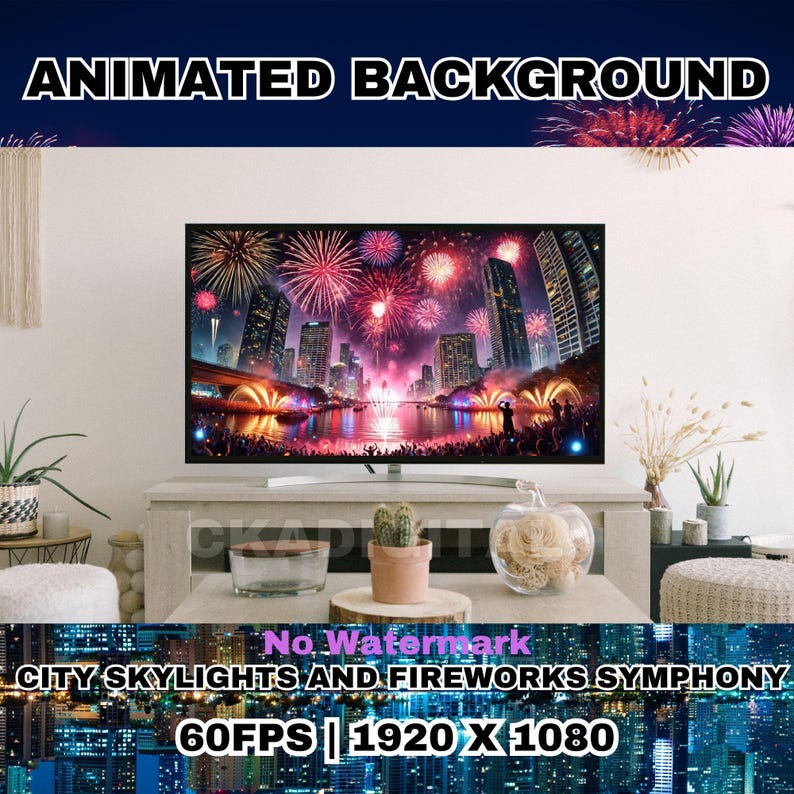 Animated Fireworks Vtuber Background, City Skyline Stream Overlay (MP4 ...