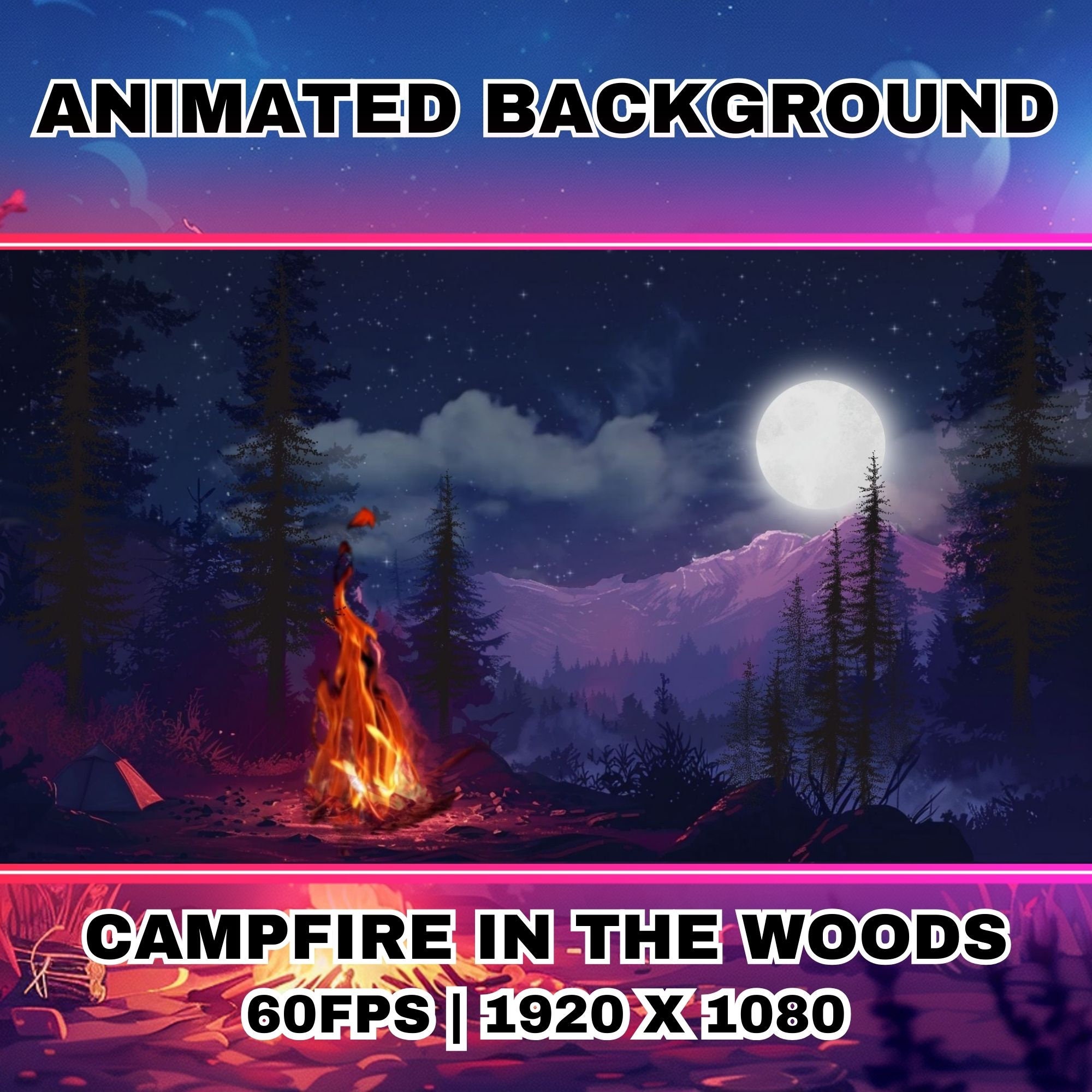 Vtuber Animated Background, Campfire in the Woods, Full Moon, Lofi Cozy Ambience Animated Vtuber ...