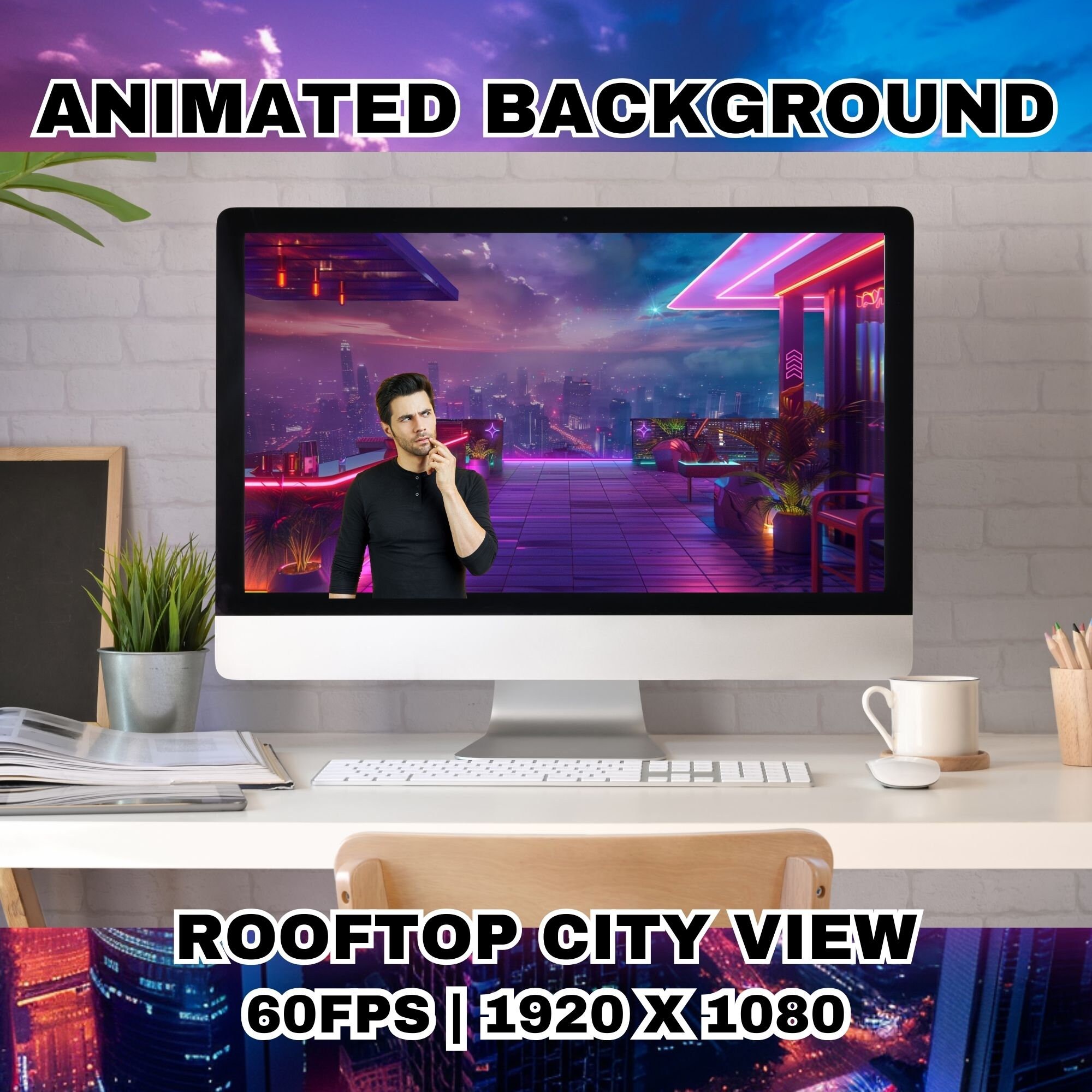 Animated Rooftop Bar Vtuber Background: Neon Disco City View (MP4 ...