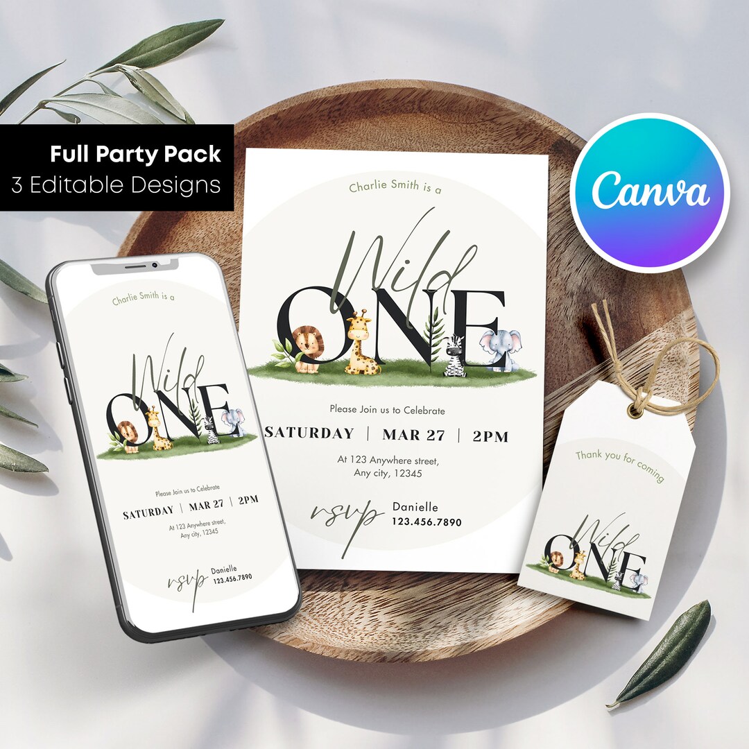 Editable Safari First Birthday Invite Wild One Digital Invitation ...