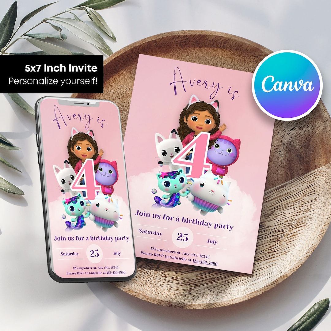 Editable Gabby-dollhouse Birthday Invitation Gabby's Kids Birthday ...