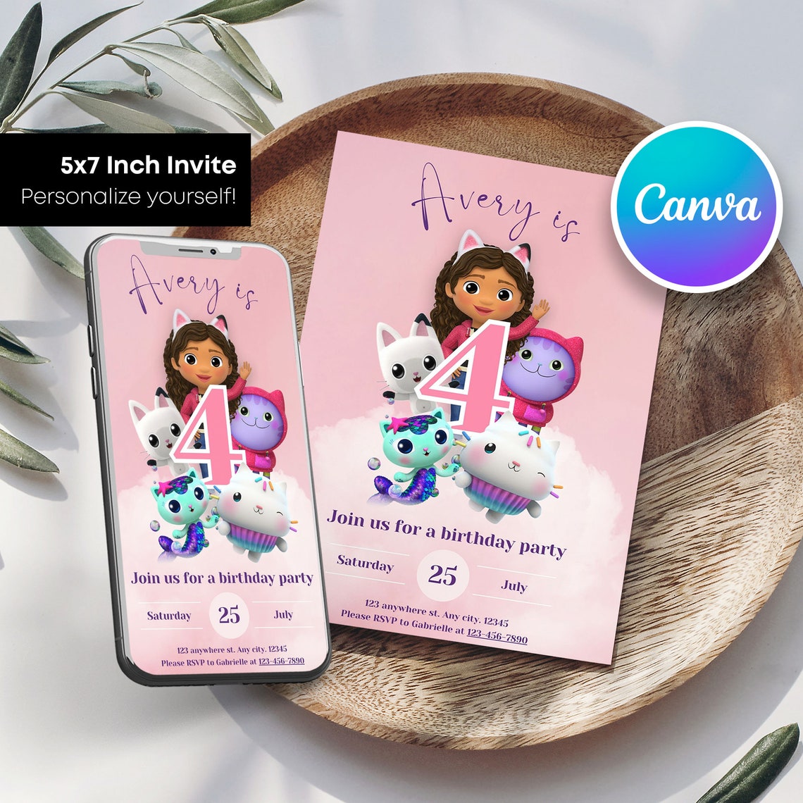 Editable Gabby-dollhouse Birthday Invitation Gabby's Kids Birthday ...