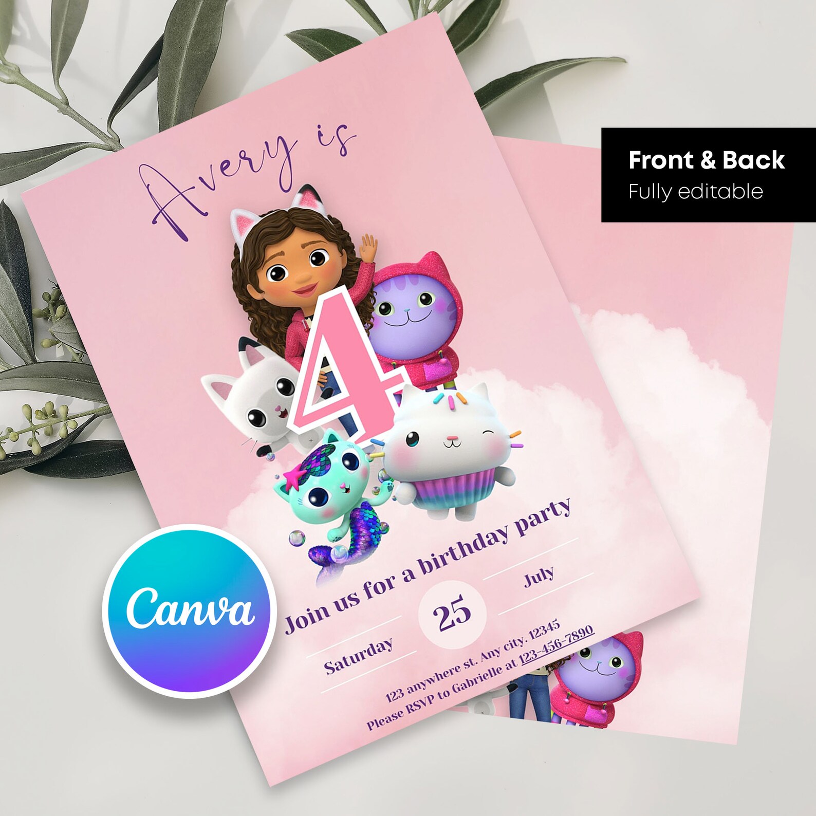 Editable Gabby-dollhouse Birthday Invitation Gabby's Kids Birthday ...