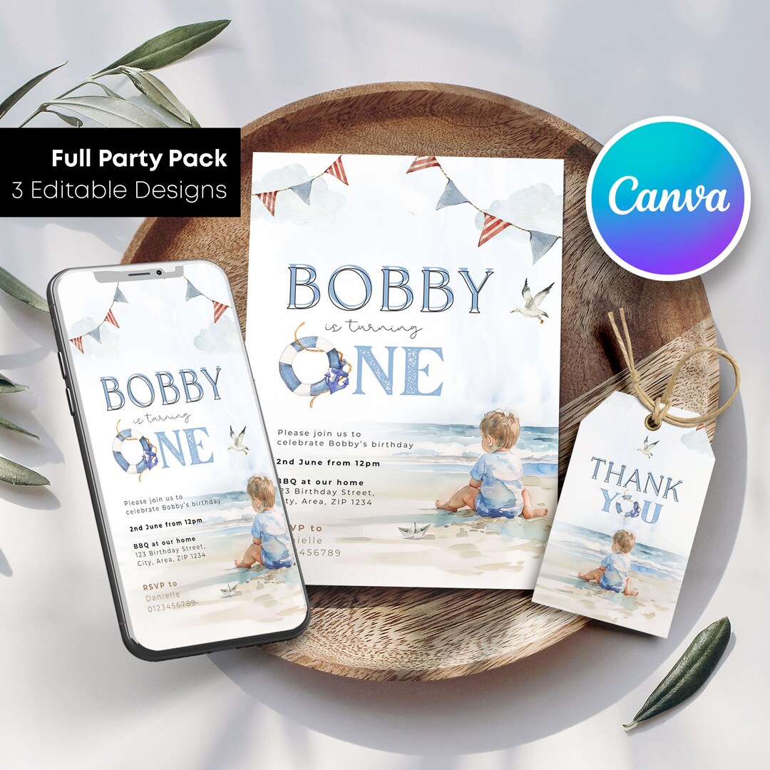 Editable Beach Boy 1st Birthday Invite Turning One Party Digital ...