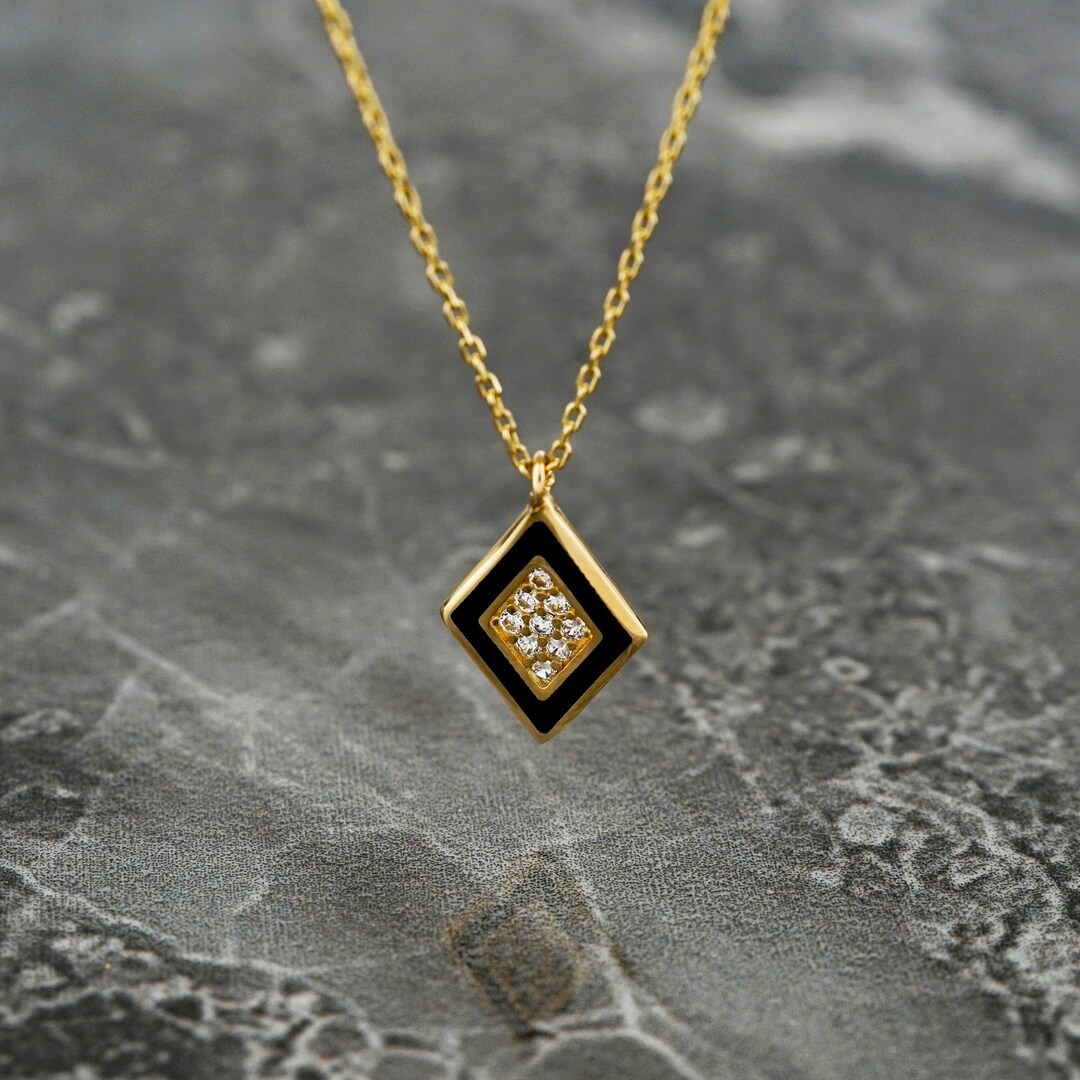 14K Gold Rhombus Necklace, Rhombus Diamond Necklace, Floating Diamond ...