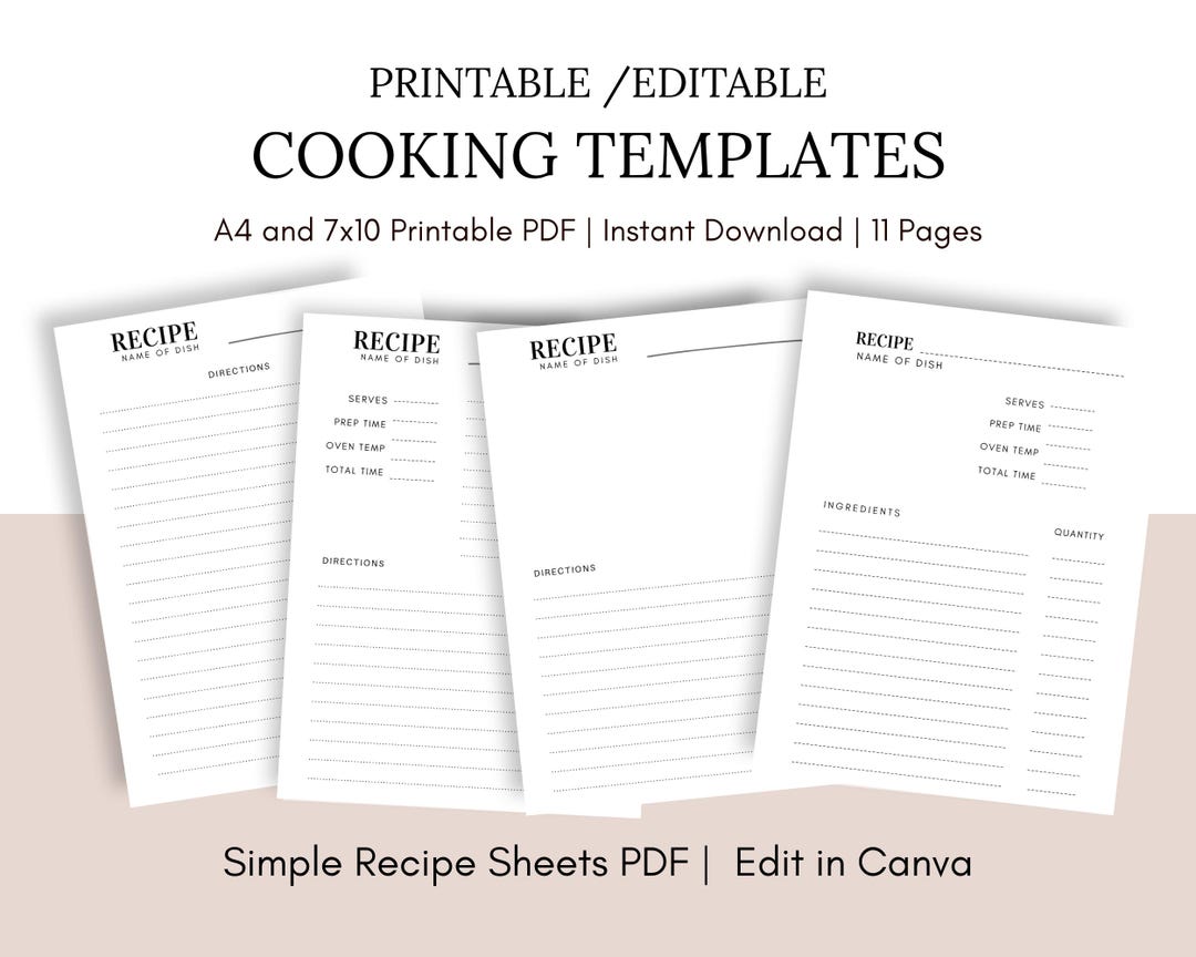 Printable Recipe Sheets PDF: Minimalist Cooking Templates (7x10 Inch ...