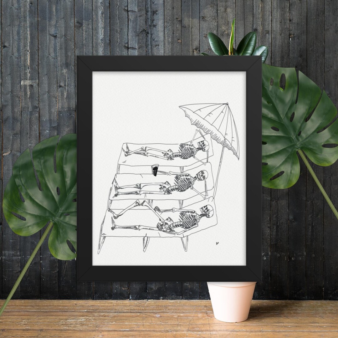 Summer Skeletons Sunbathing Line Art Print Framed Unique Wall Decor - Etsy