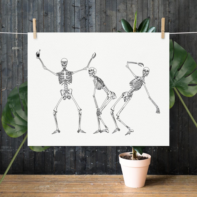 Dancing Party Skeletons Black & White Line Art Print Unique Print Wild ...