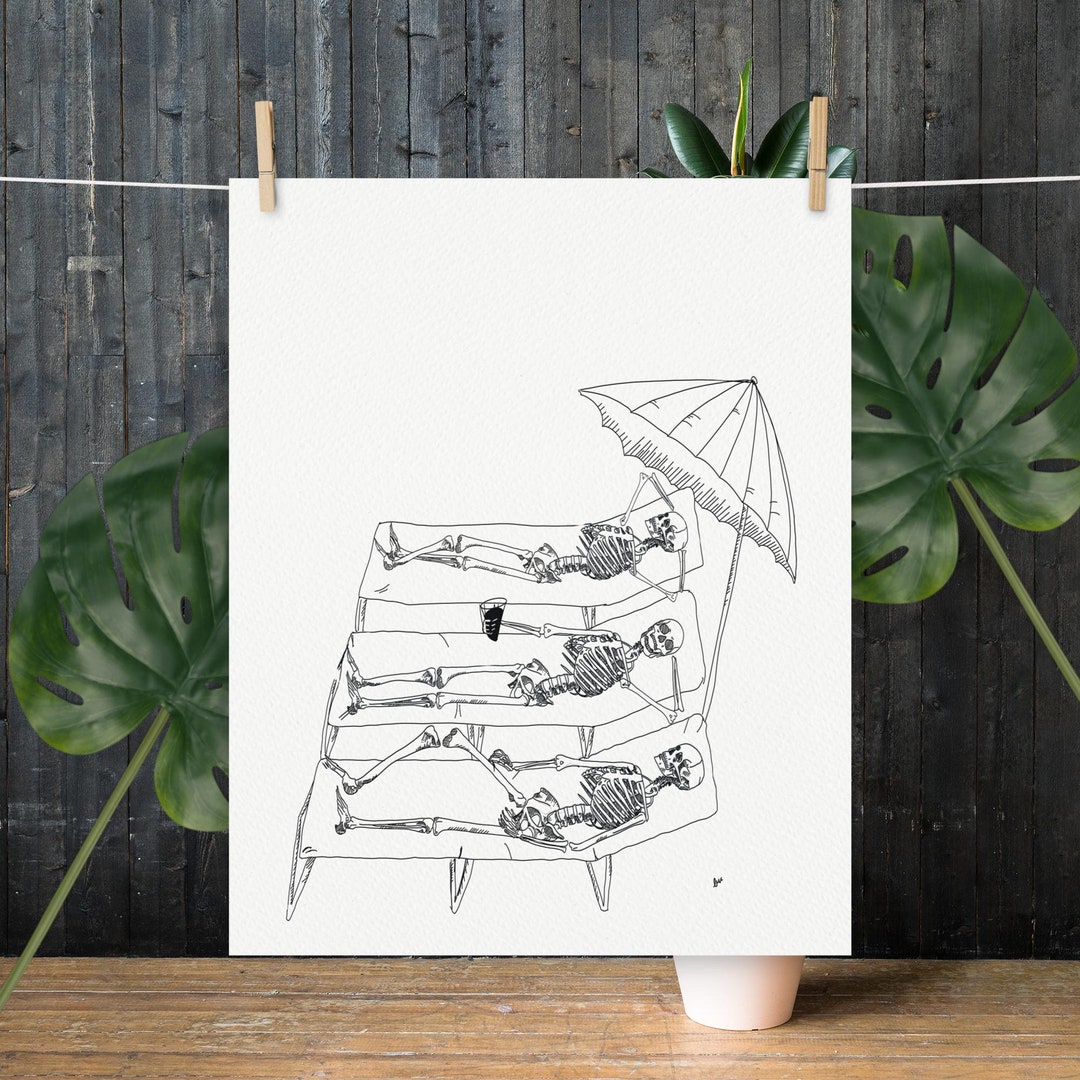 Summer Skeletons Sunbathing Line Art Print Unique Wall Decor - Etsy