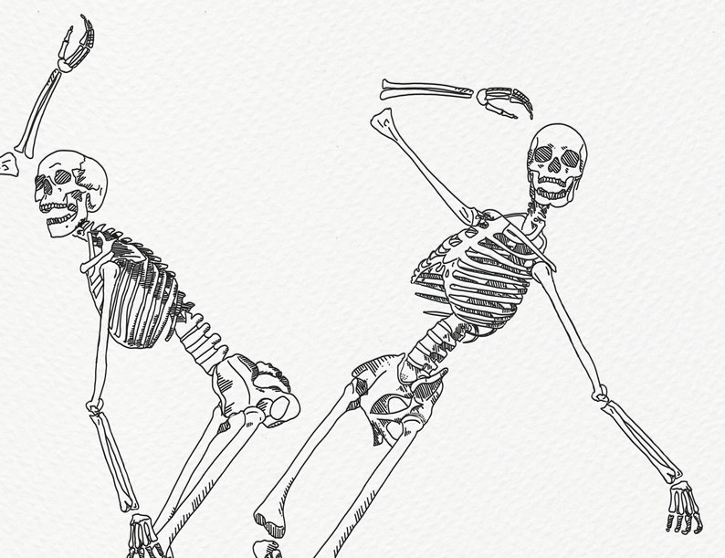 Dancing Party Skeletons Black & White Line Art Print Unique Print Wild ...