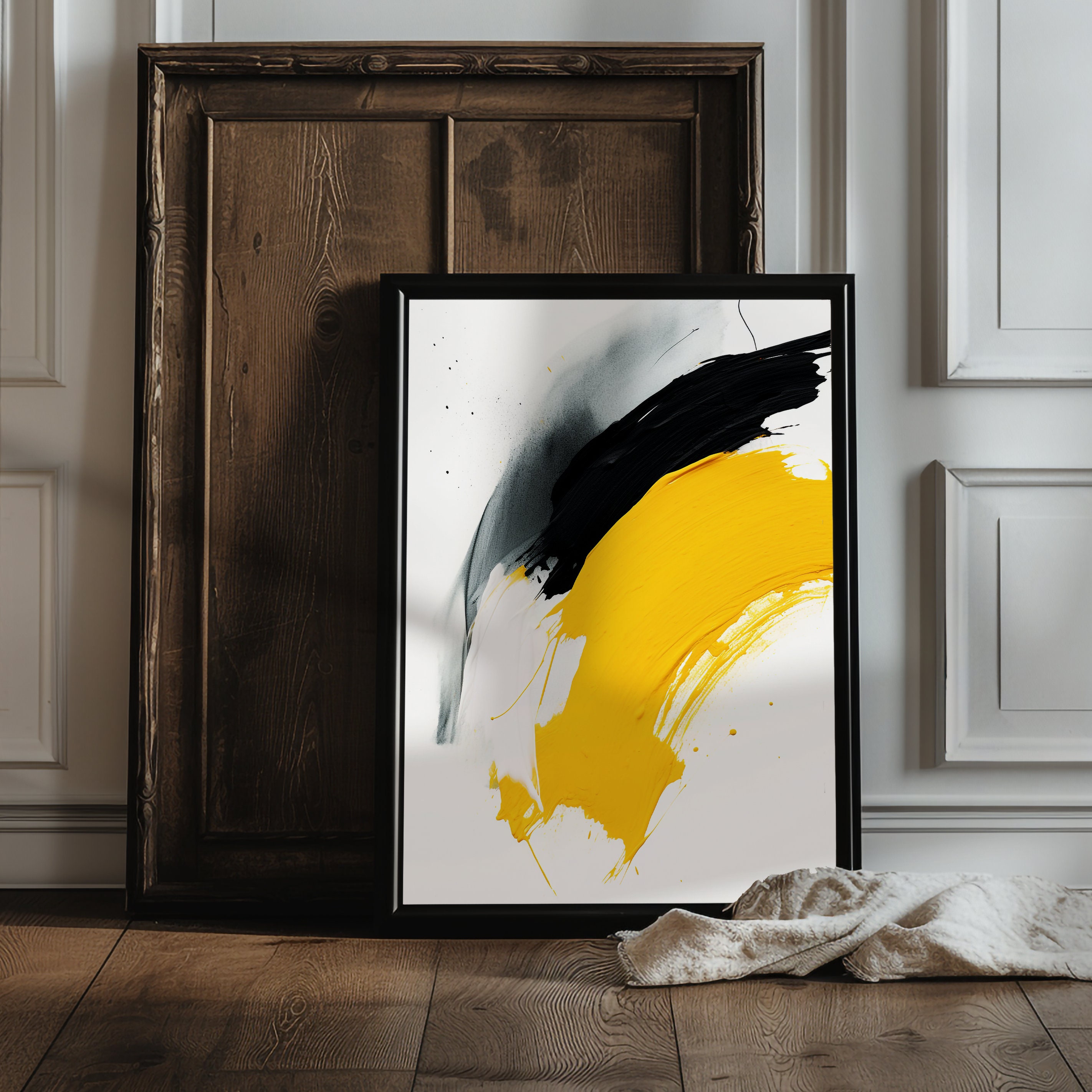 Yellow-black Brush Stroke Art Print, Bright Abstract Poster in Vibrant ...