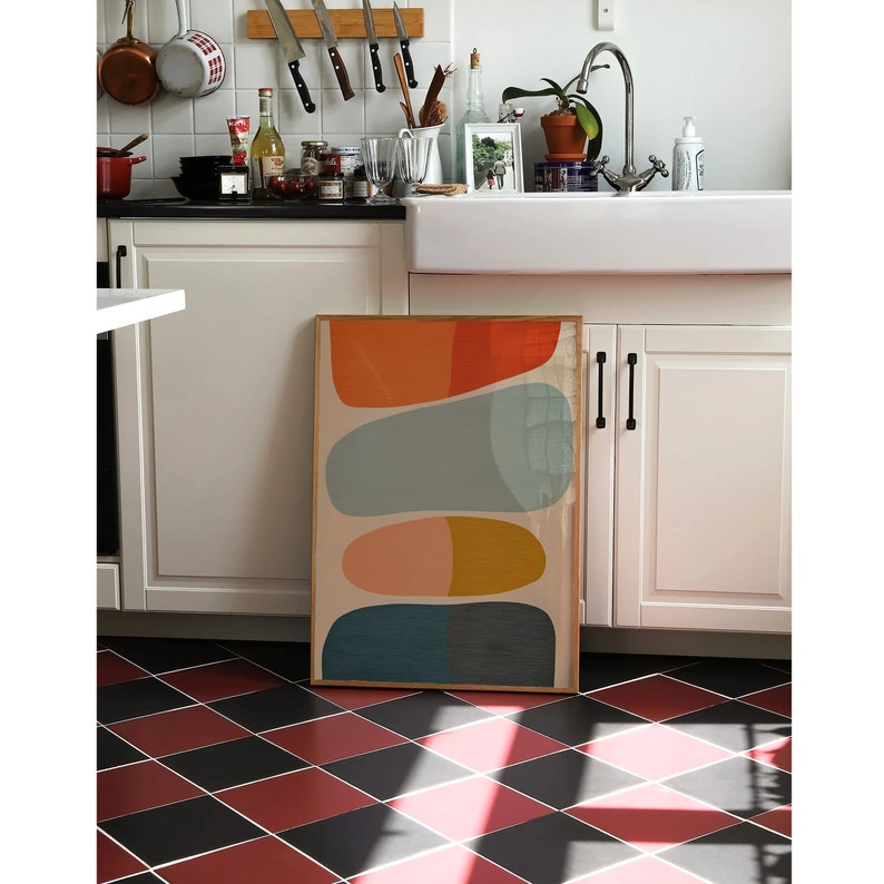 Warm Colors Mid-century Poster, Yellow Orange Blue Stone Print, Boho ...