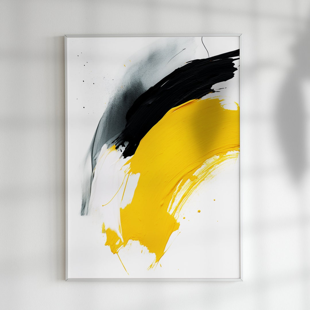 Yellow-black Brush Stroke Art Print, Bright Abstract Poster in Vibrant ...