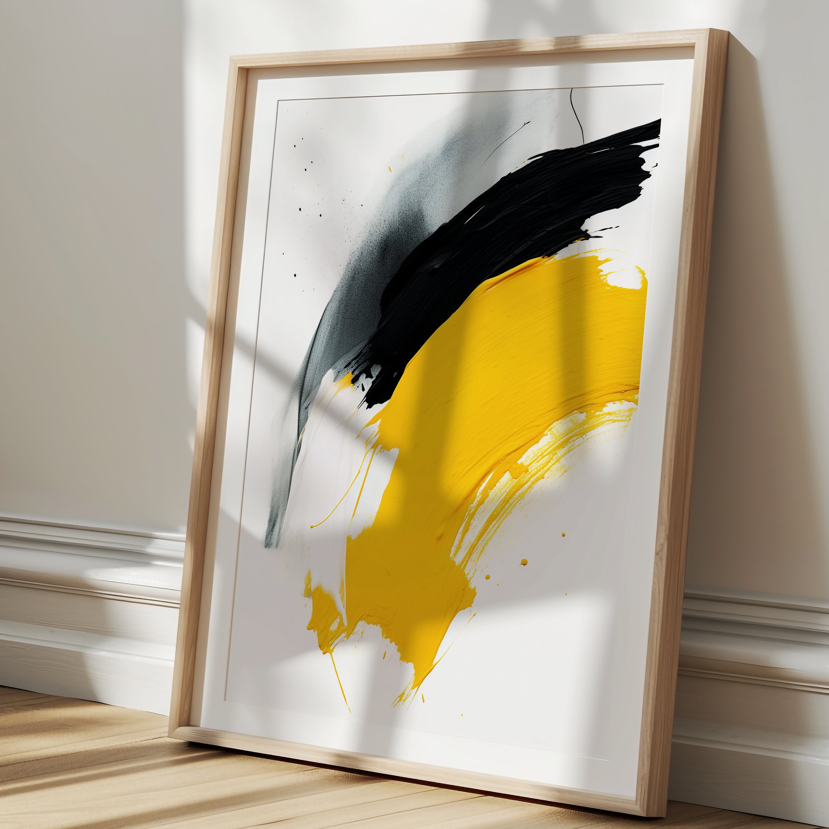 Yellow-black Brush Stroke Art Print, Bright Abstract Poster in Vibrant ...