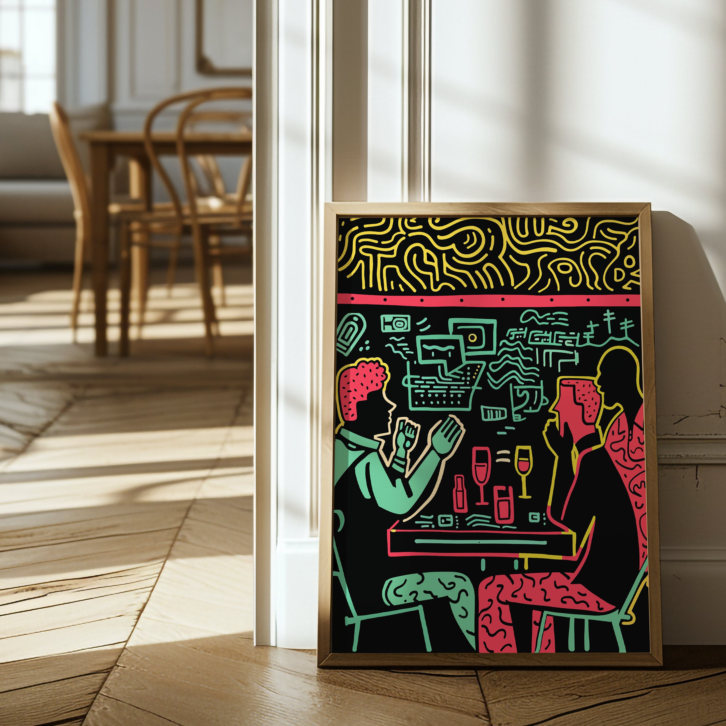 Neon Colorful Drawing Poster, Simple Lines Wall Art Print, Kitchen ...