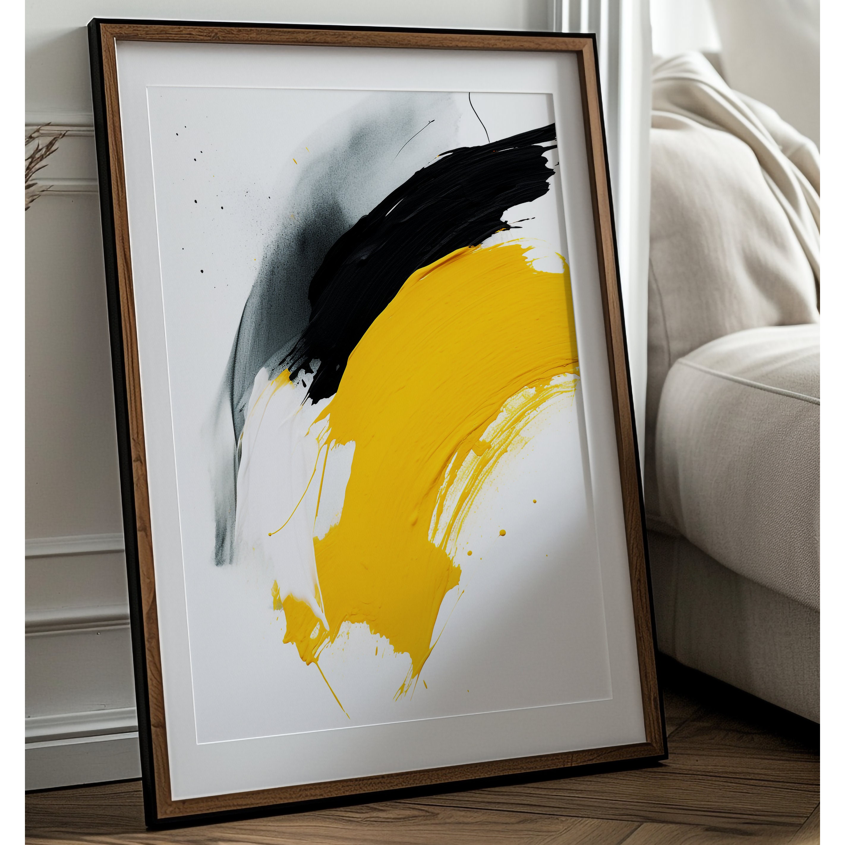 Yellow-black Brush Stroke Art Print, Bright Abstract Poster in Vibrant ...