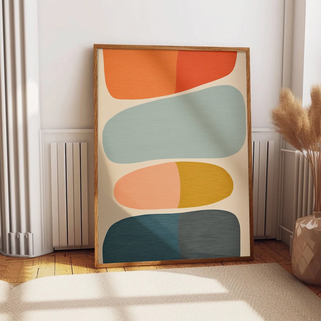 Warm Colors Mid-century Poster, Yellow Orange Blue Stone Print, Boho ...