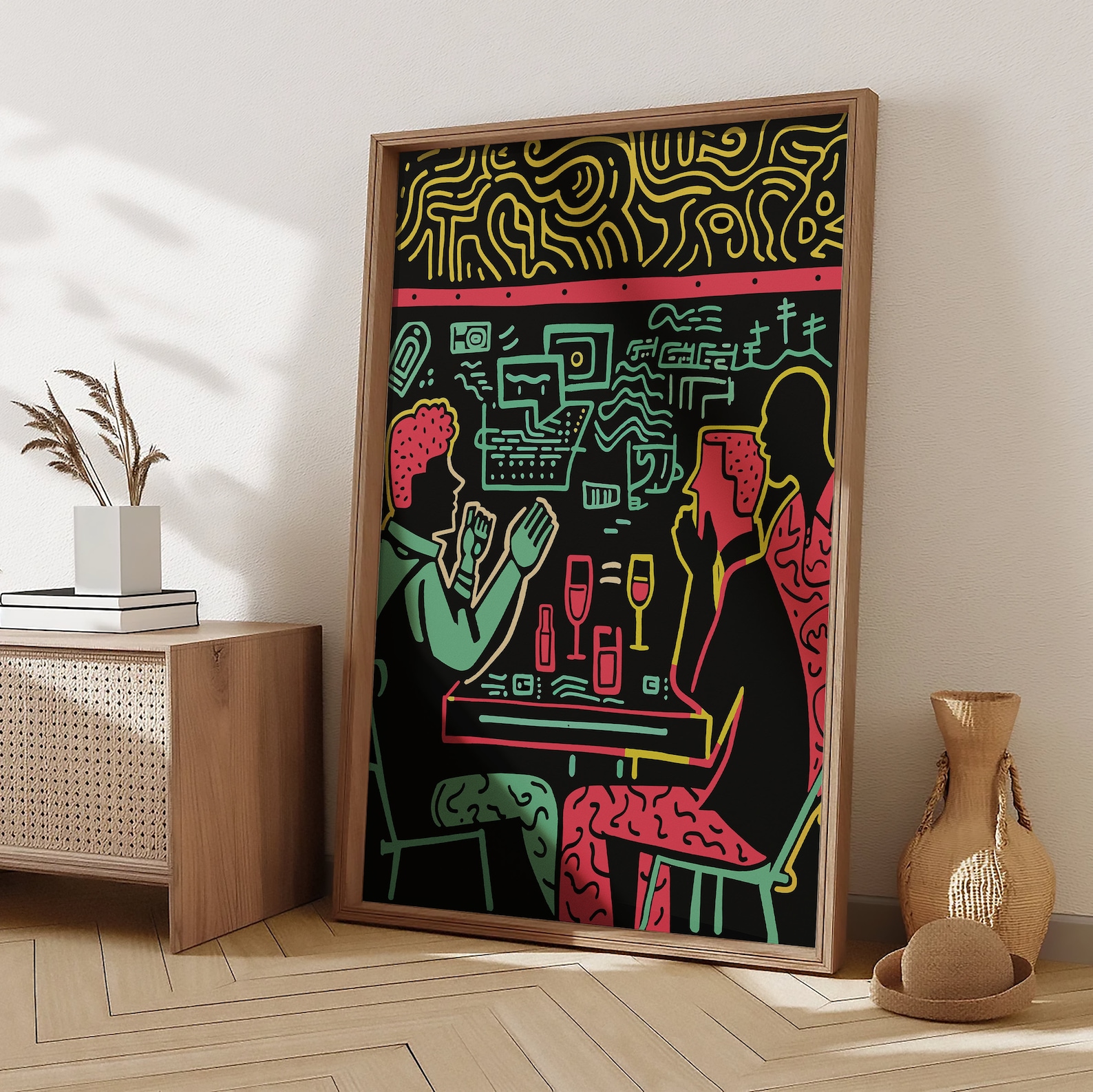 Neon Colorful Drawing Poster, Simple Lines Wall Art Print, Kitchen ...