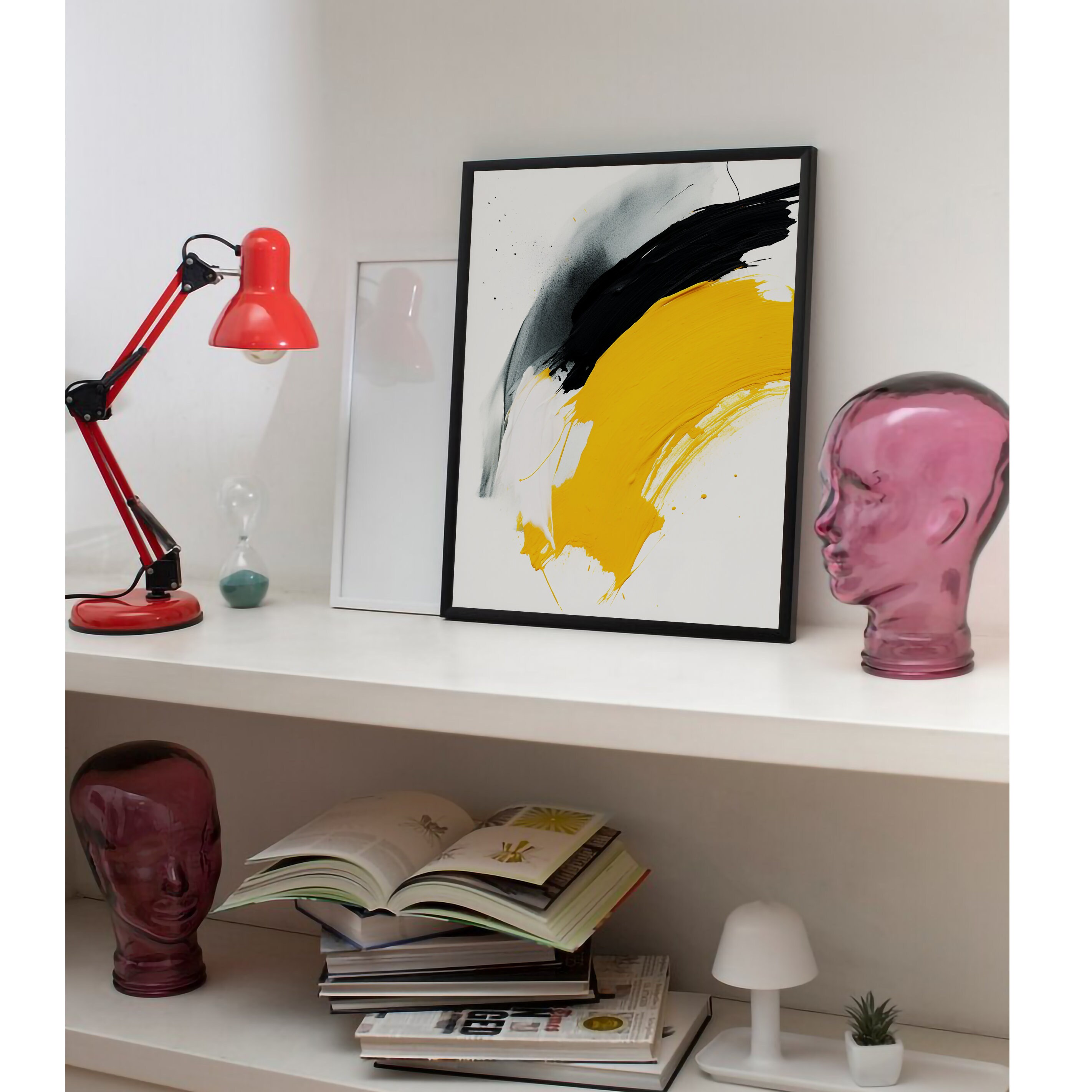 Yellow-black Brush Stroke Art Print, Bright Abstract Poster in Vibrant ...