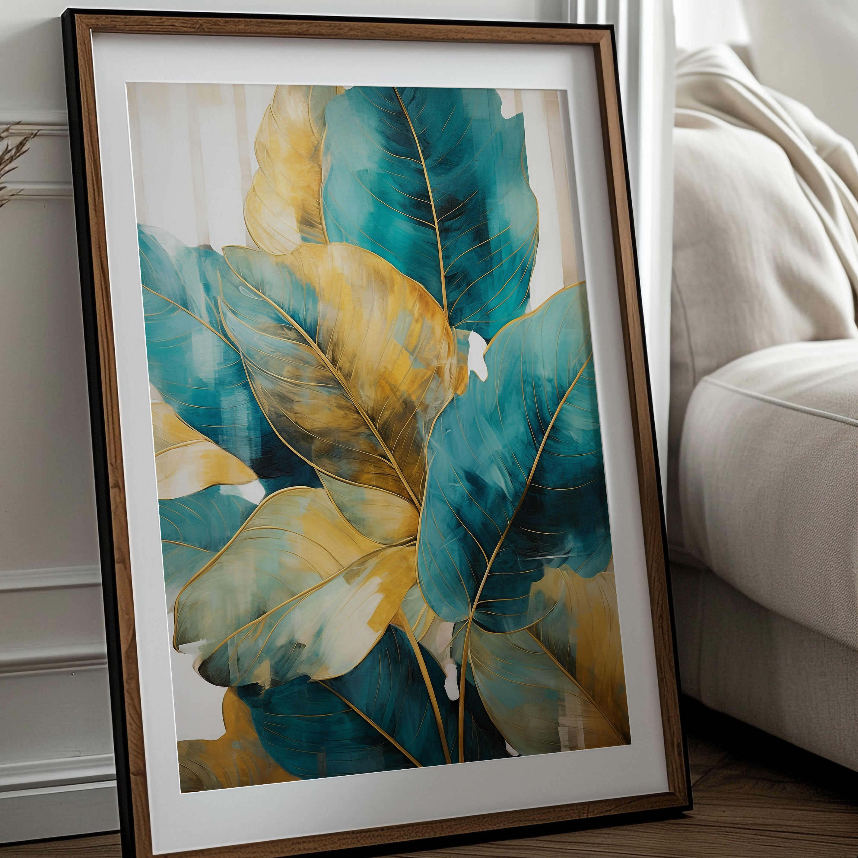Green Tropical Palm Leaves / Gold Foil Abstract Print, Modern Botanical ...