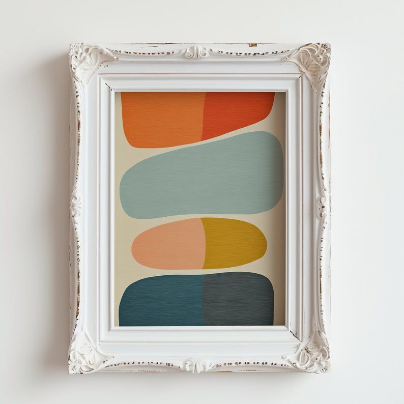 Warm Colors Mid-century Poster, Yellow Orange Blue Stone Print, Boho ...