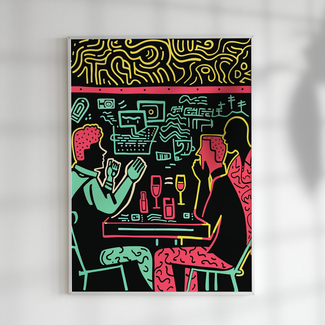 Neon Colorful Drawing Poster, Simple Lines Wall Art Print, Kitchen ...