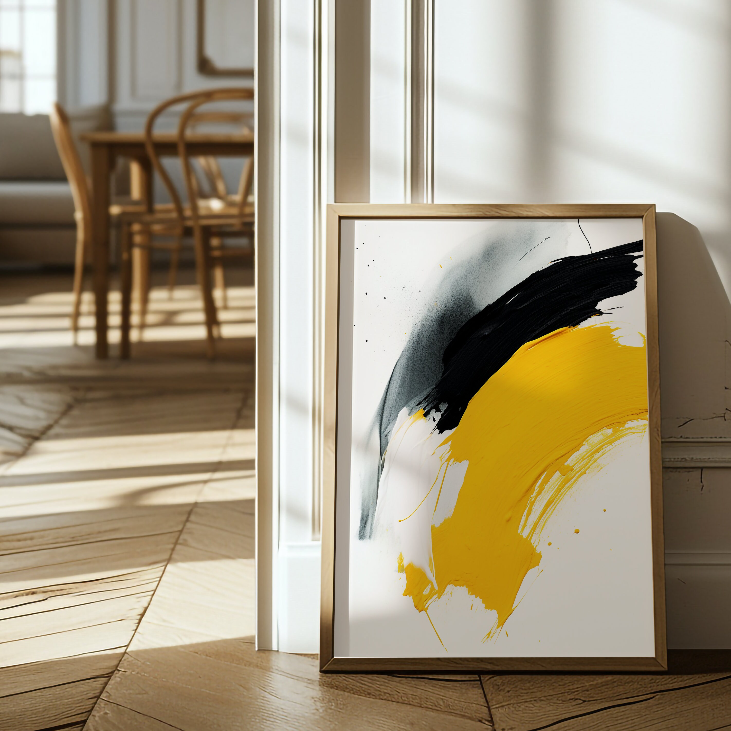 Yellow-black Brush Stroke Art Print, Bright Abstract Poster in Vibrant ...