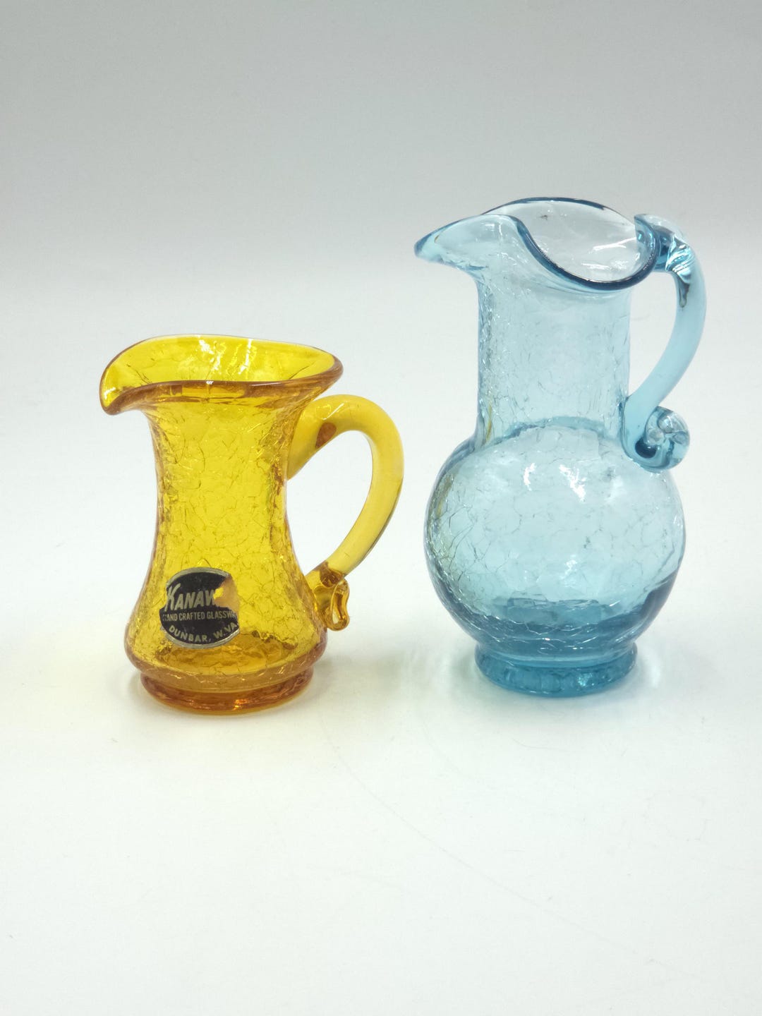 Kanawha Dunbar Crackle Glass UV Reactive(yellow) and Blue Mini Pitchers ...